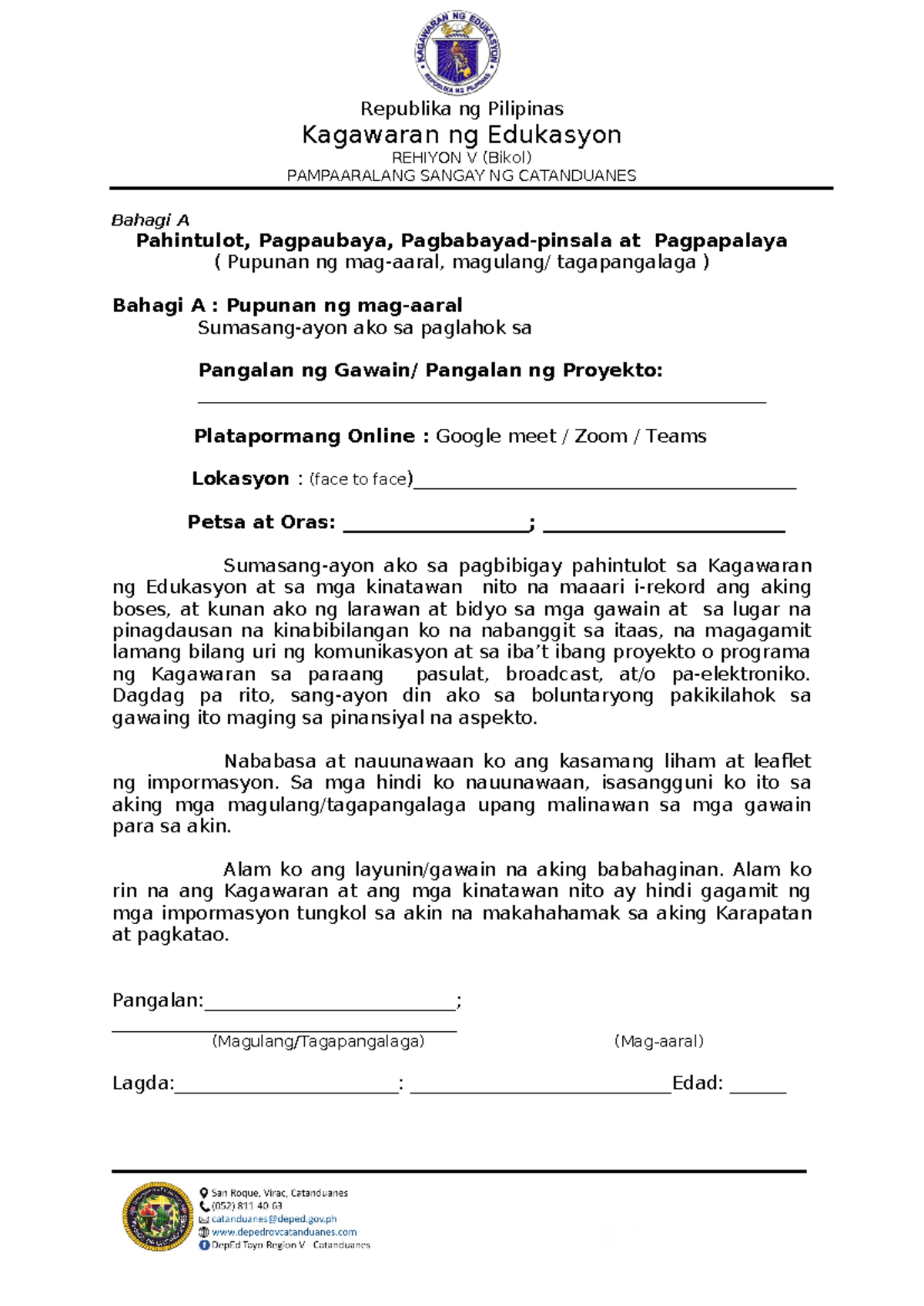 Parental Consent Isinalin sa Filipino - Republika ng Pilipinas ...