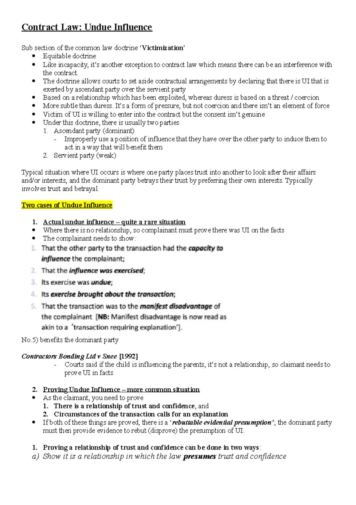 3. Undue Influence Summary - Contract Law: Undue Influence Sub section ...