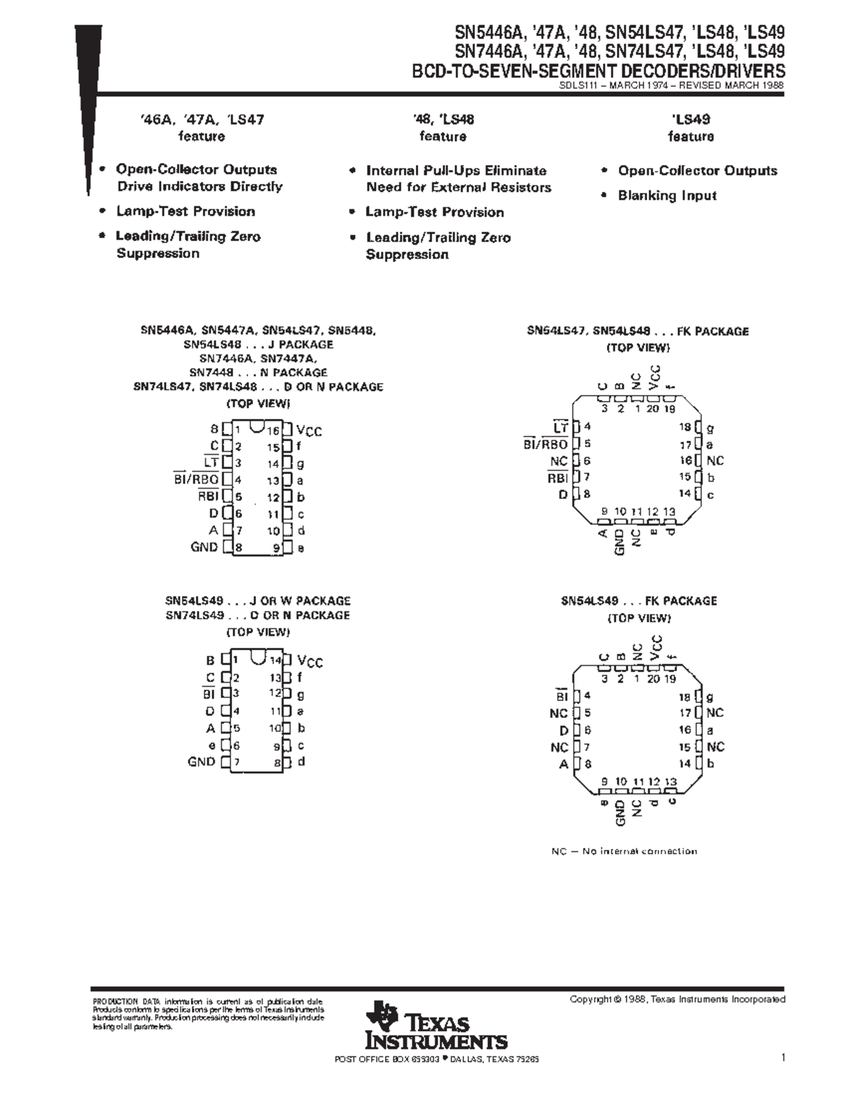 Sn7447a - tutorial - SN5446A, ’47A, ’48, SN54LS47, ’LS48, ’LS SN7446A ...