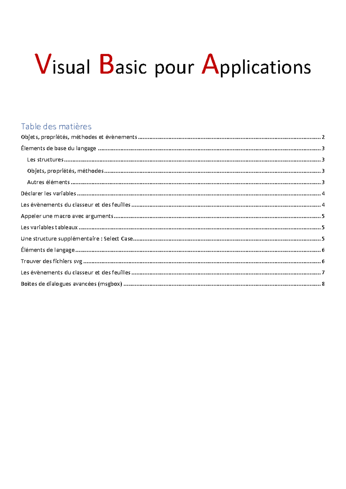 Support - Résumé Excel, Vba & R - Table des matières Objets, propriétés, méthodes et évènements ...