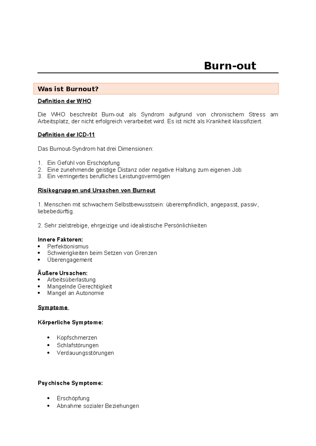 Burnout Handout - SS24 - Burn-out Definition der WHO Die WHO beschreibt ...