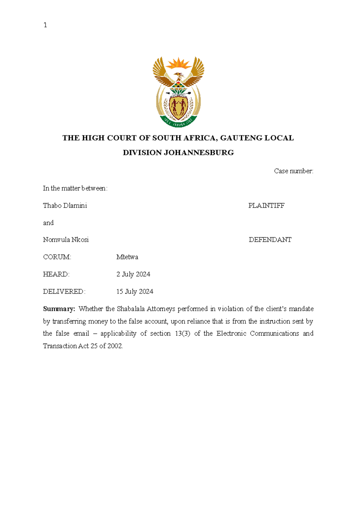 Assignment 1 about agency - THE HIGH COURT OF SOUTH AFRICA, GAUTENG ...