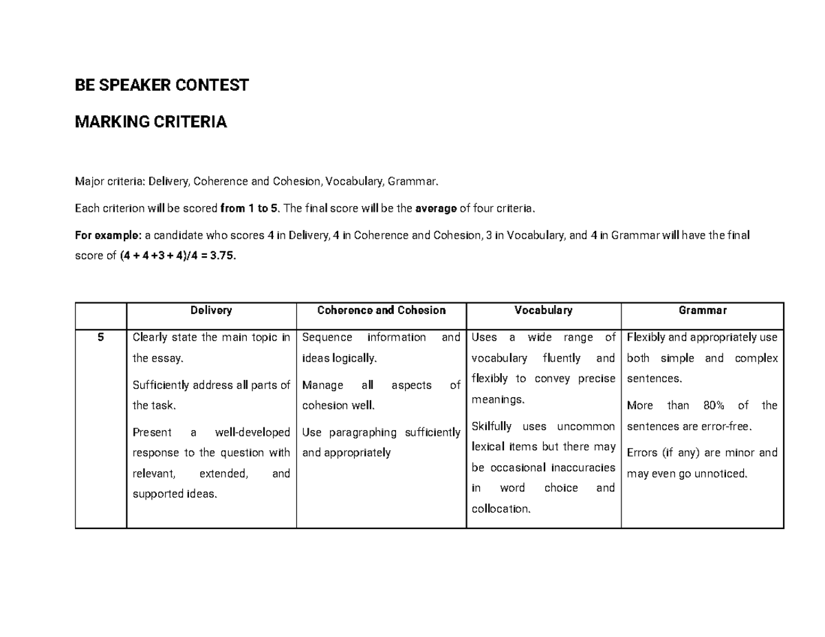 Marking criteria - read more to know about English - BE SPEAKER CONTEST ...