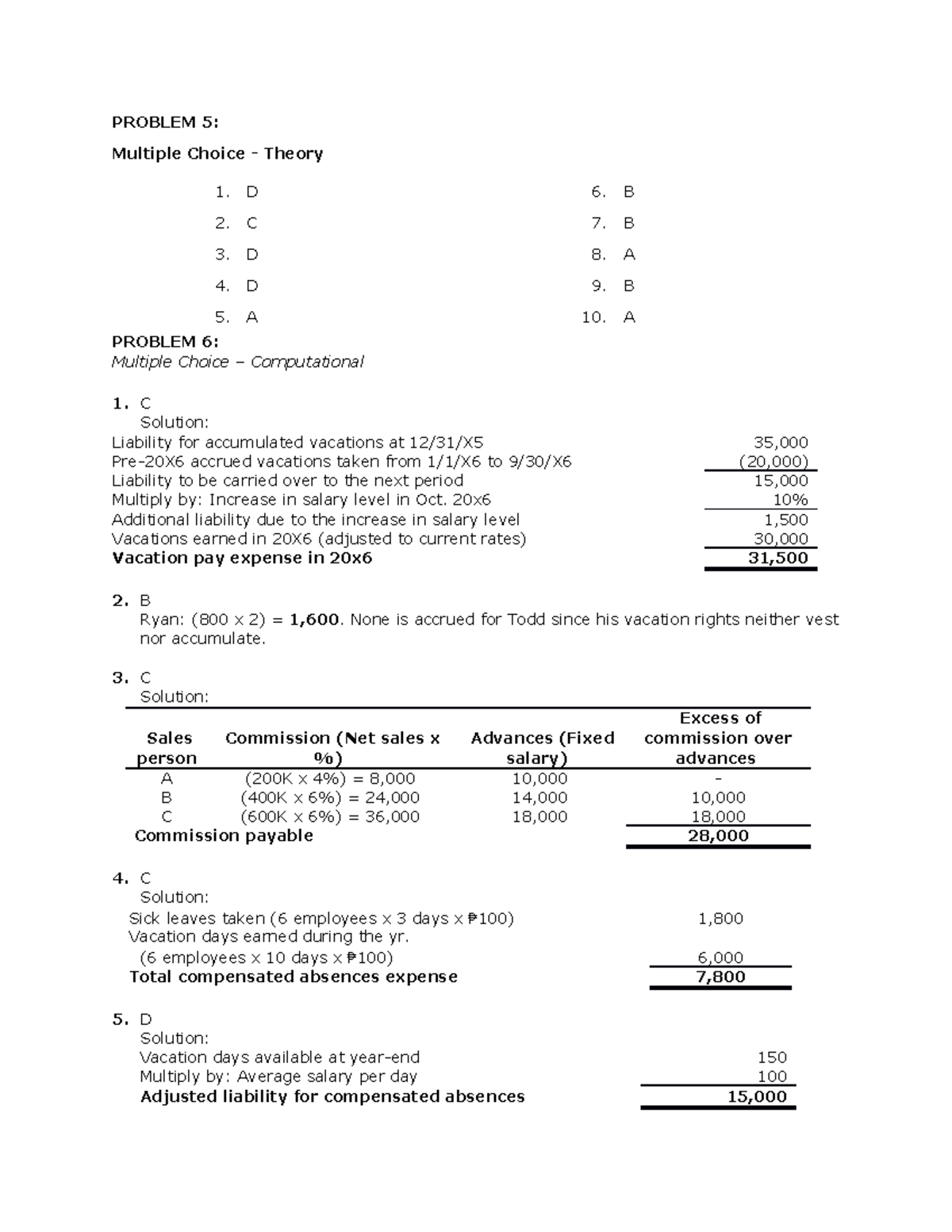 Chapter 6 Employee Benefits 2 Problem 5&6 - PROBLEM 5: Multiple Choice ...