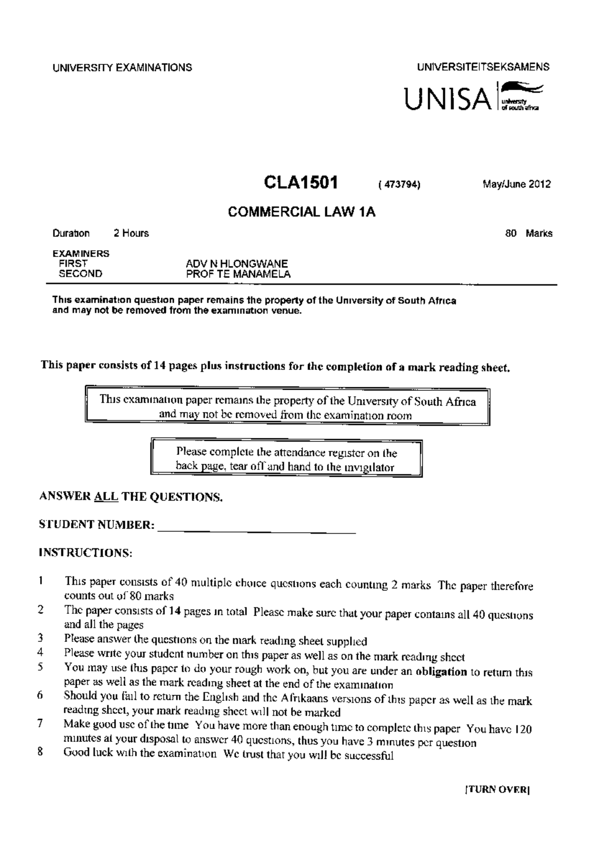 CLA1501 - MayJune 2012 Exam Paper - UNIVERSITY EXAMINATIONS ...