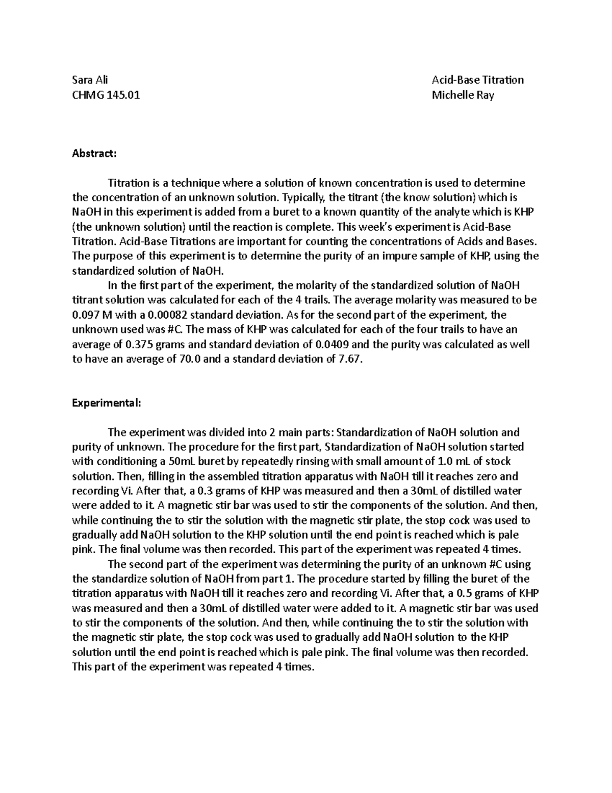 Lab Report 6 - Sara Ali Acid-Base Titration CHMG 145 Michelle Ray ...