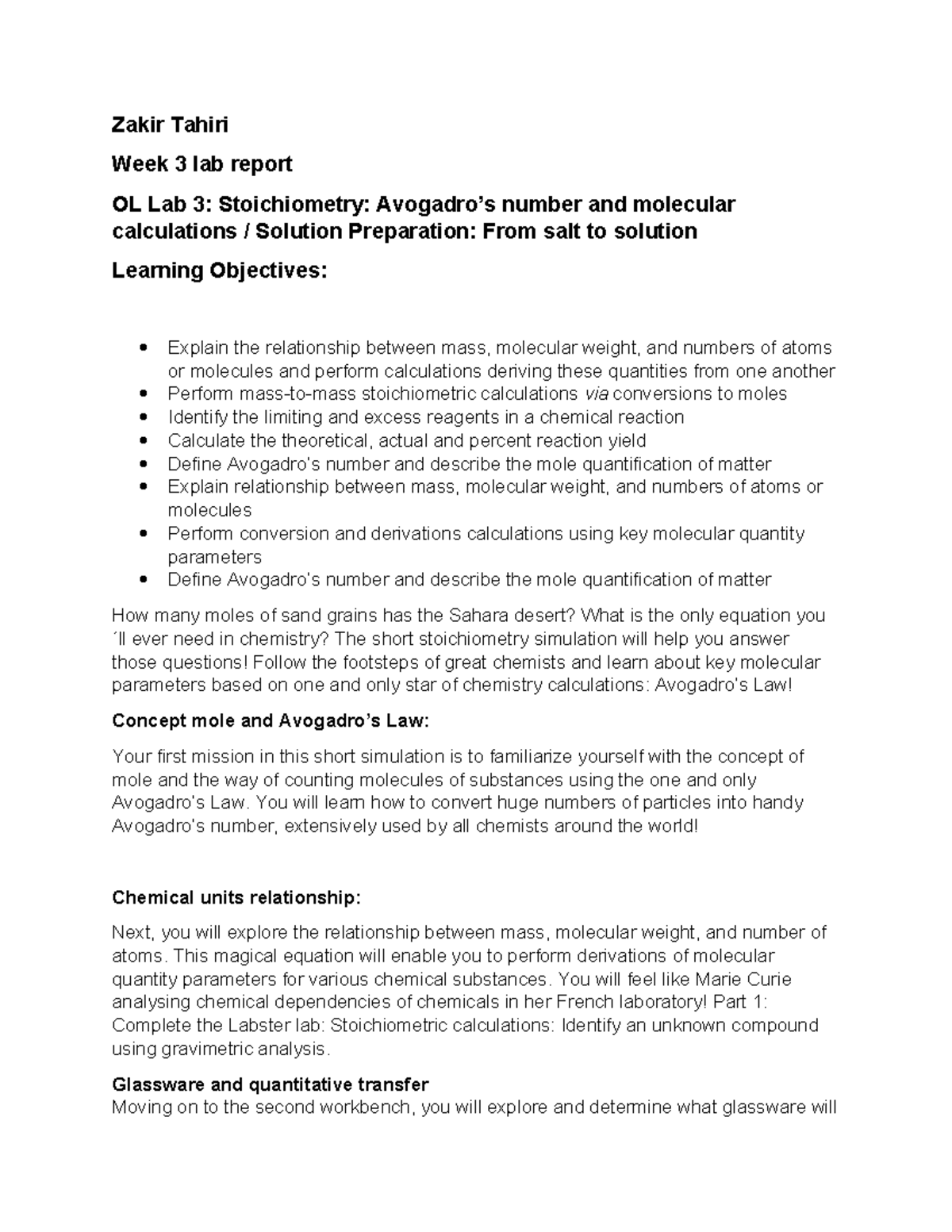 Chem 120 lab report week 3 - Zakir Tahiri Week 3 lab report OL Lab 3: Stoichiometry: Avogadro’s ...