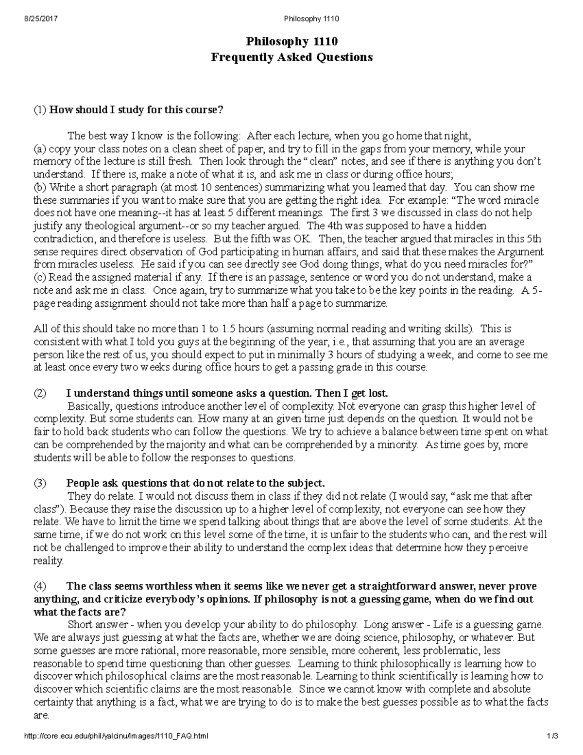 Philosophy 1110 - Philosophy Philosophy Frequently Asked Questions (1 ...