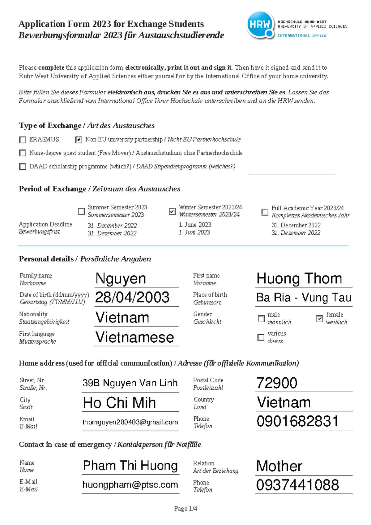 HRW Application Form for Exchange Students 2023 - Please complete this ...