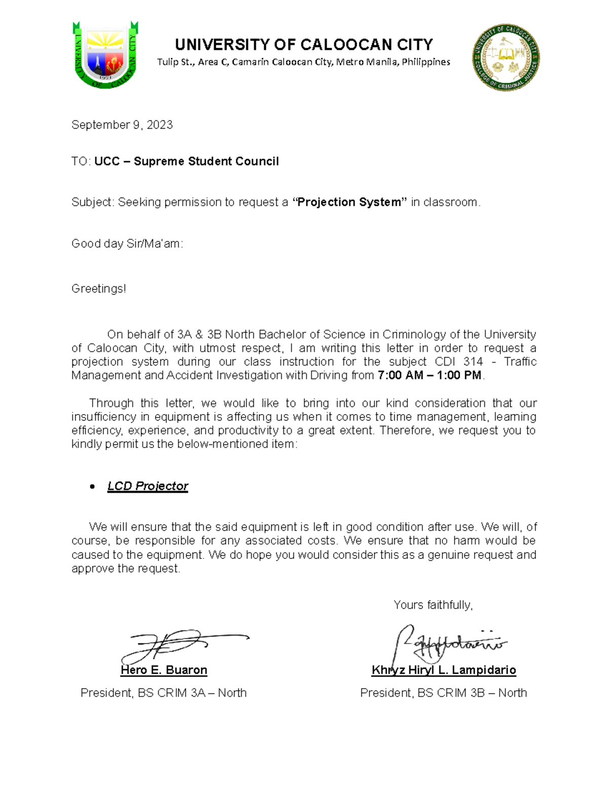 3A and 3B North Request Letter - LCD Projector - UNIVERSITY OF CALOOCAN ...