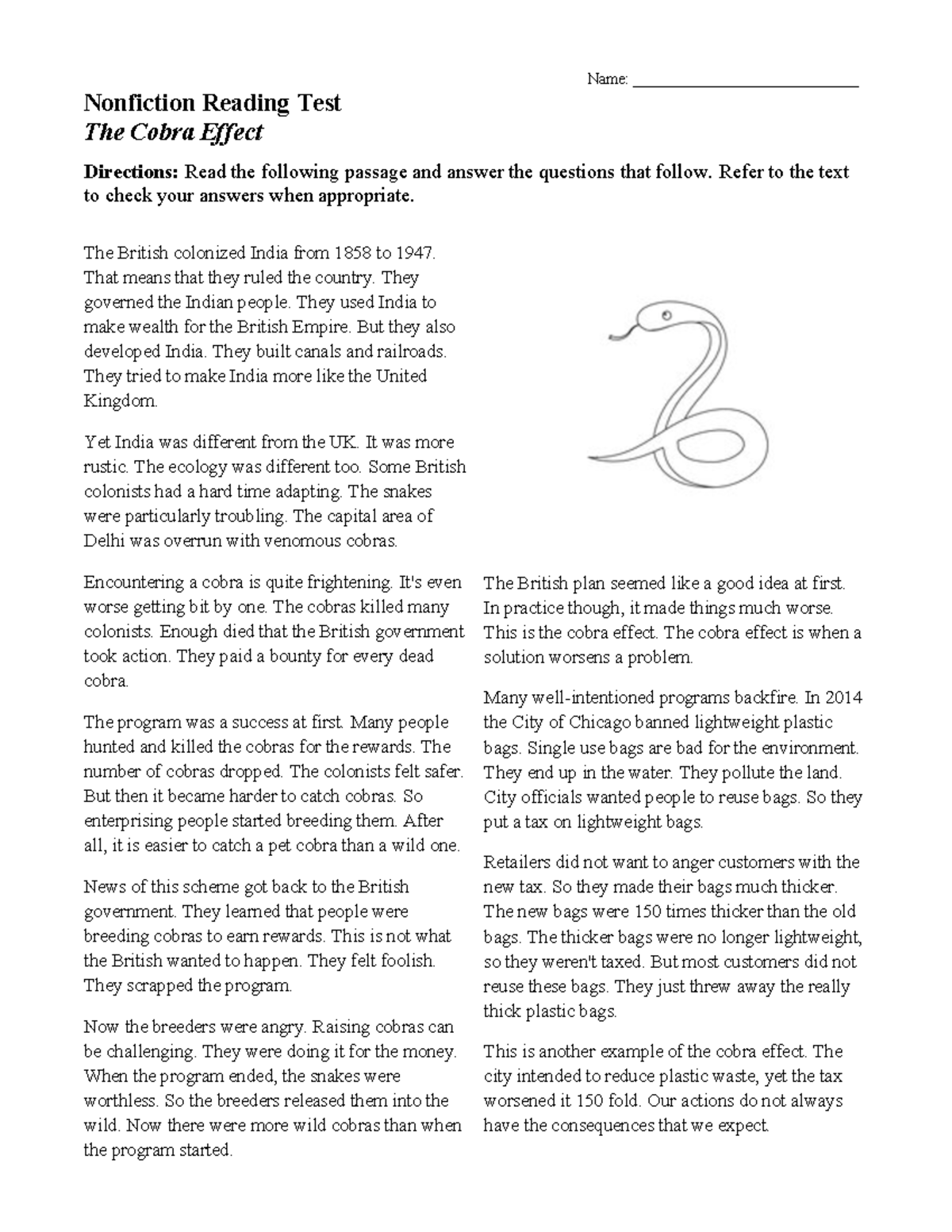 The Cobra Effect Activity - Name ...