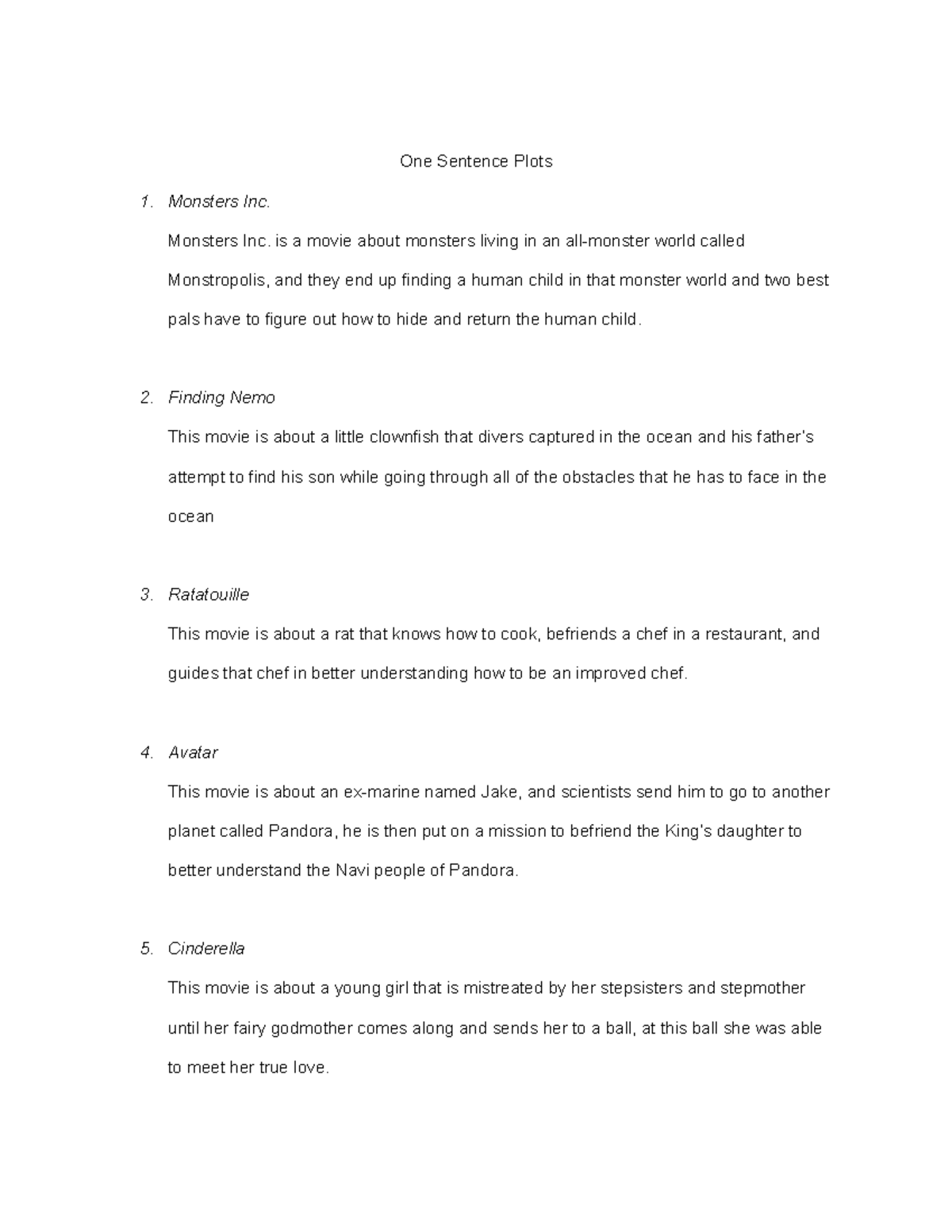 One-Liners Assignment - One Sentence Plots Monsters Inc. Monsters Inc ...