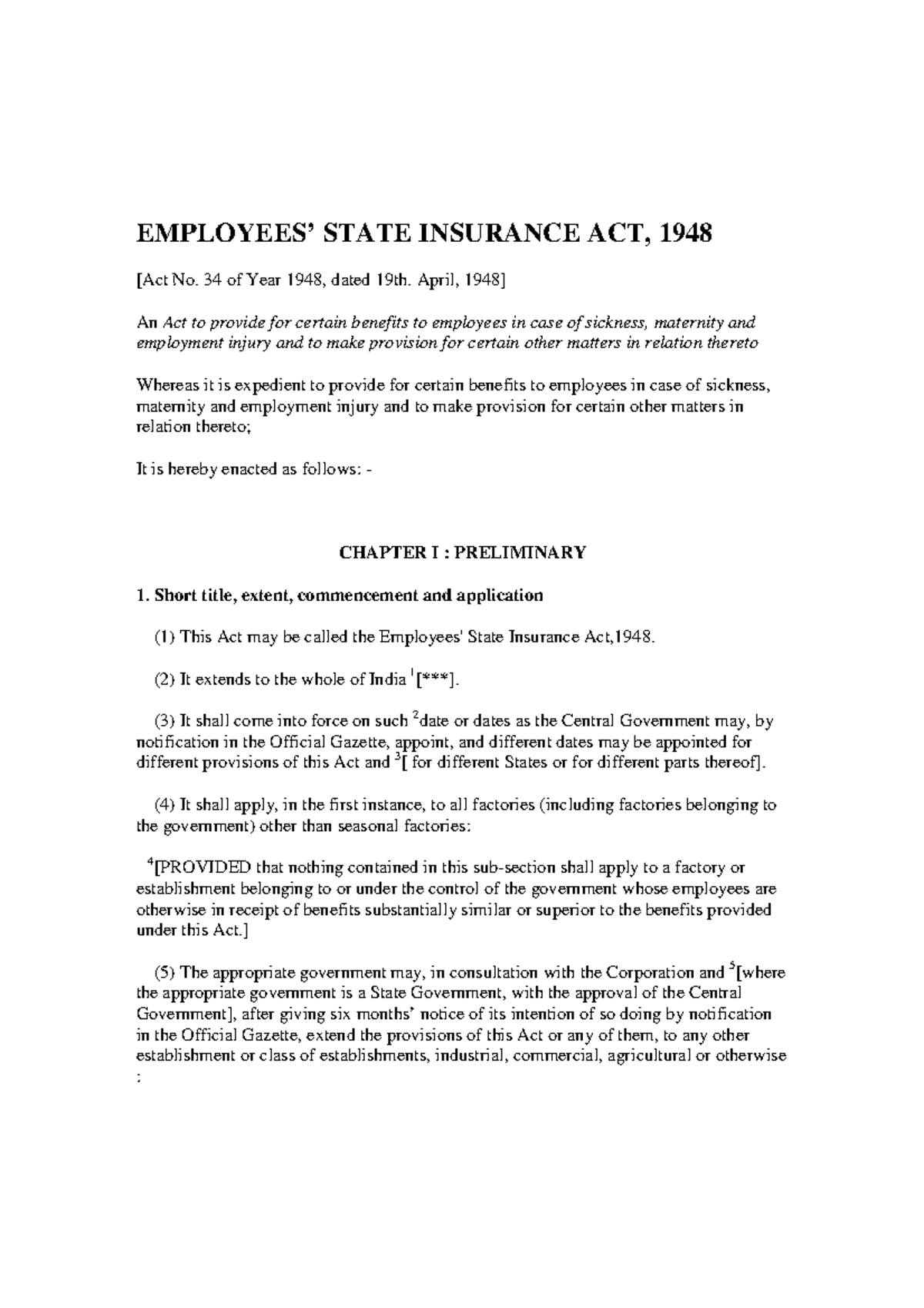 Esi act - EMPLOYEES’ STATE INSURANCE ACT, 1948 [Act No. 34 of Year 1948 ...