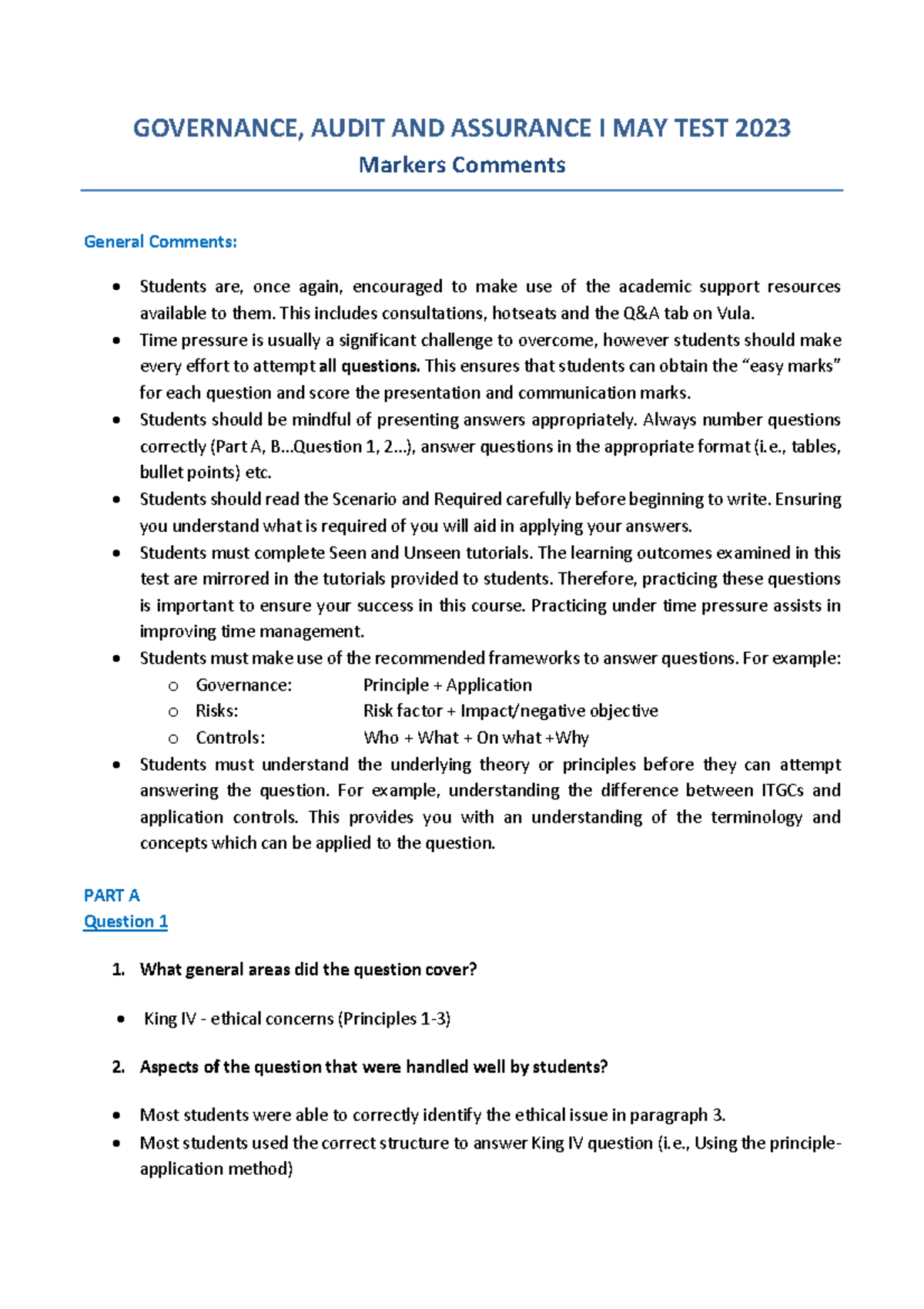 GAA I May test Examiners Comments 1 - GOVERNANCE, AUDIT AND ASSURANCE I ...