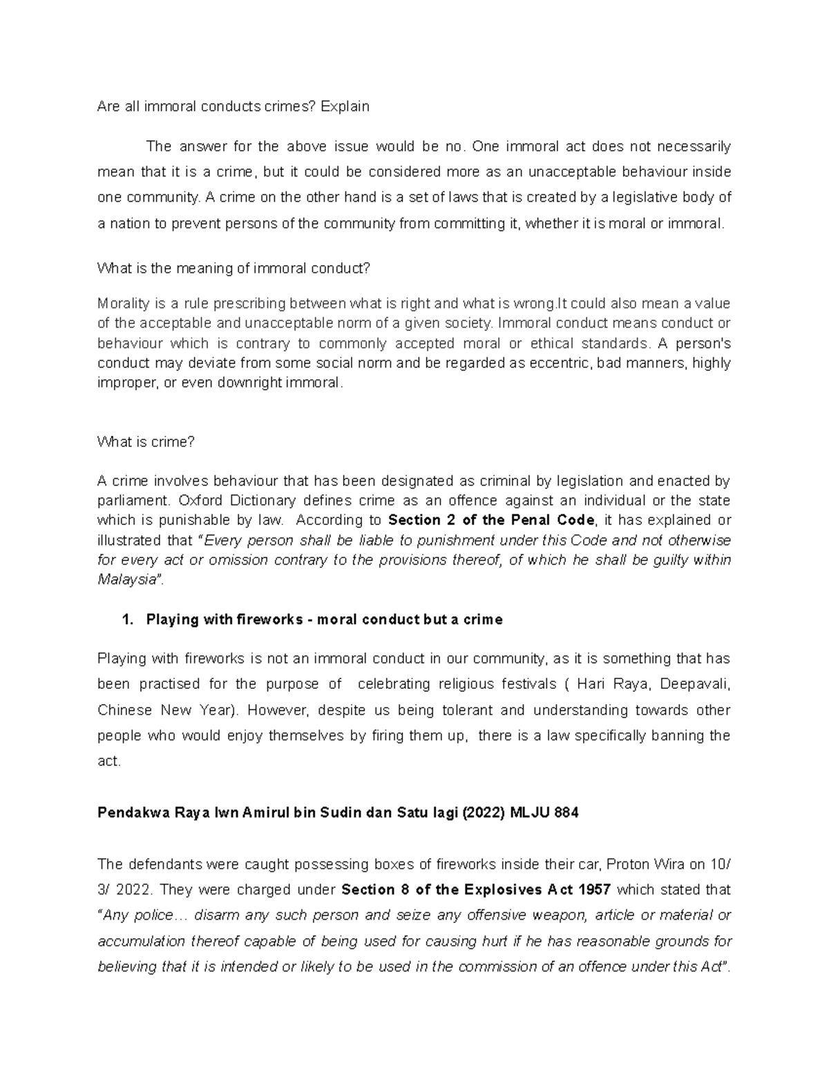 Criminal law tuto - Are all immoral conducts crimes? Explain The answer ...