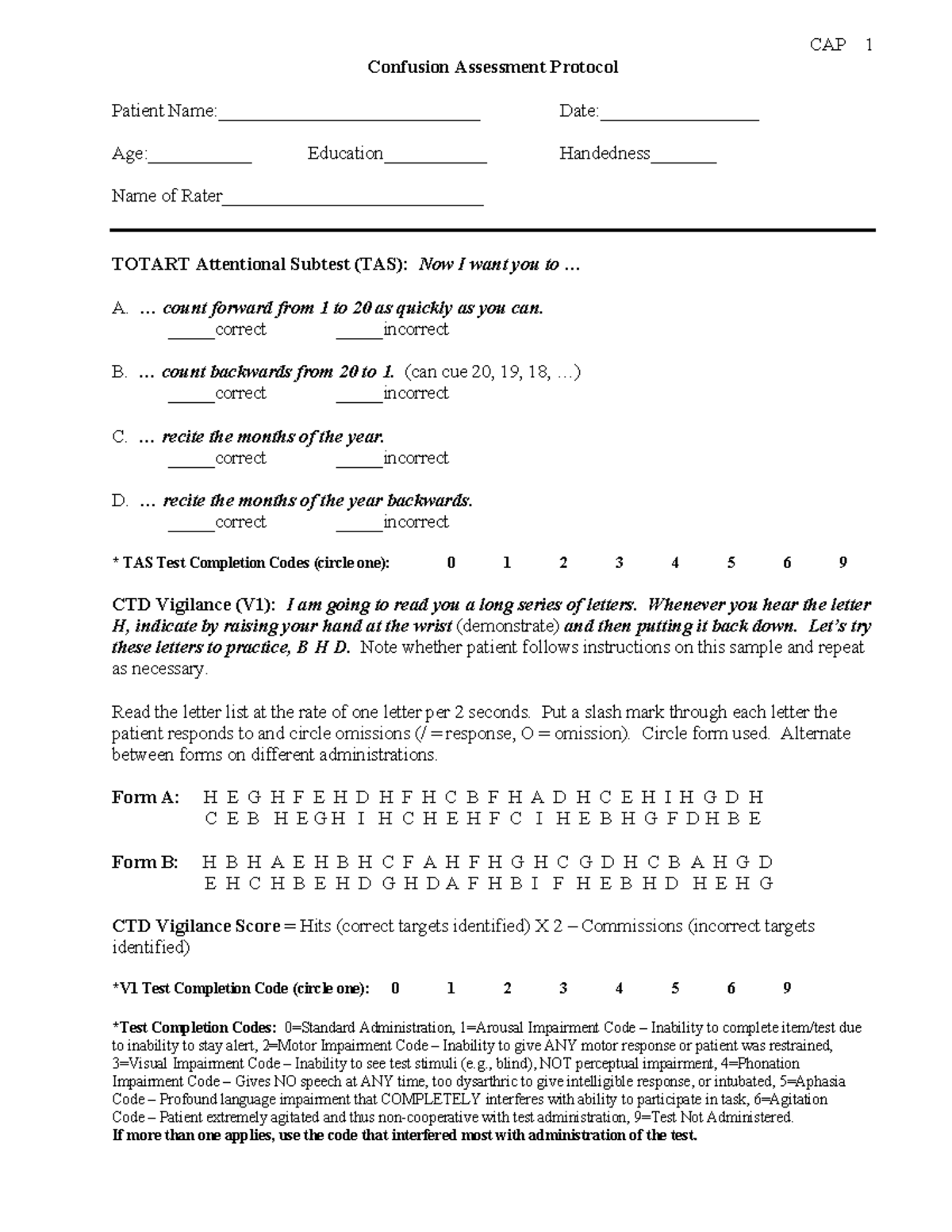 Cap - Confusion Assessment Protocol Patient Name ...