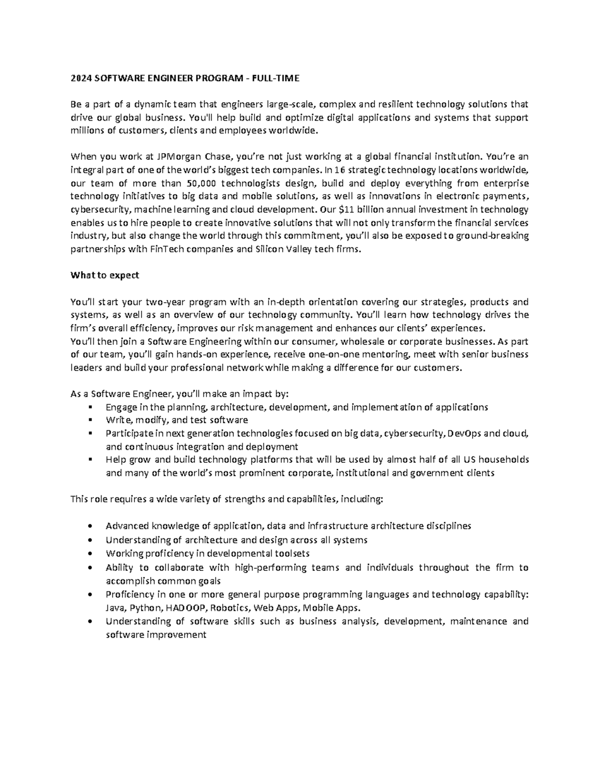 JPMC Job Description - SEP 2025 - Full Time - 2024 SOFTWARE ENGINEER PROGRAM - FULL-TIME Be a ...