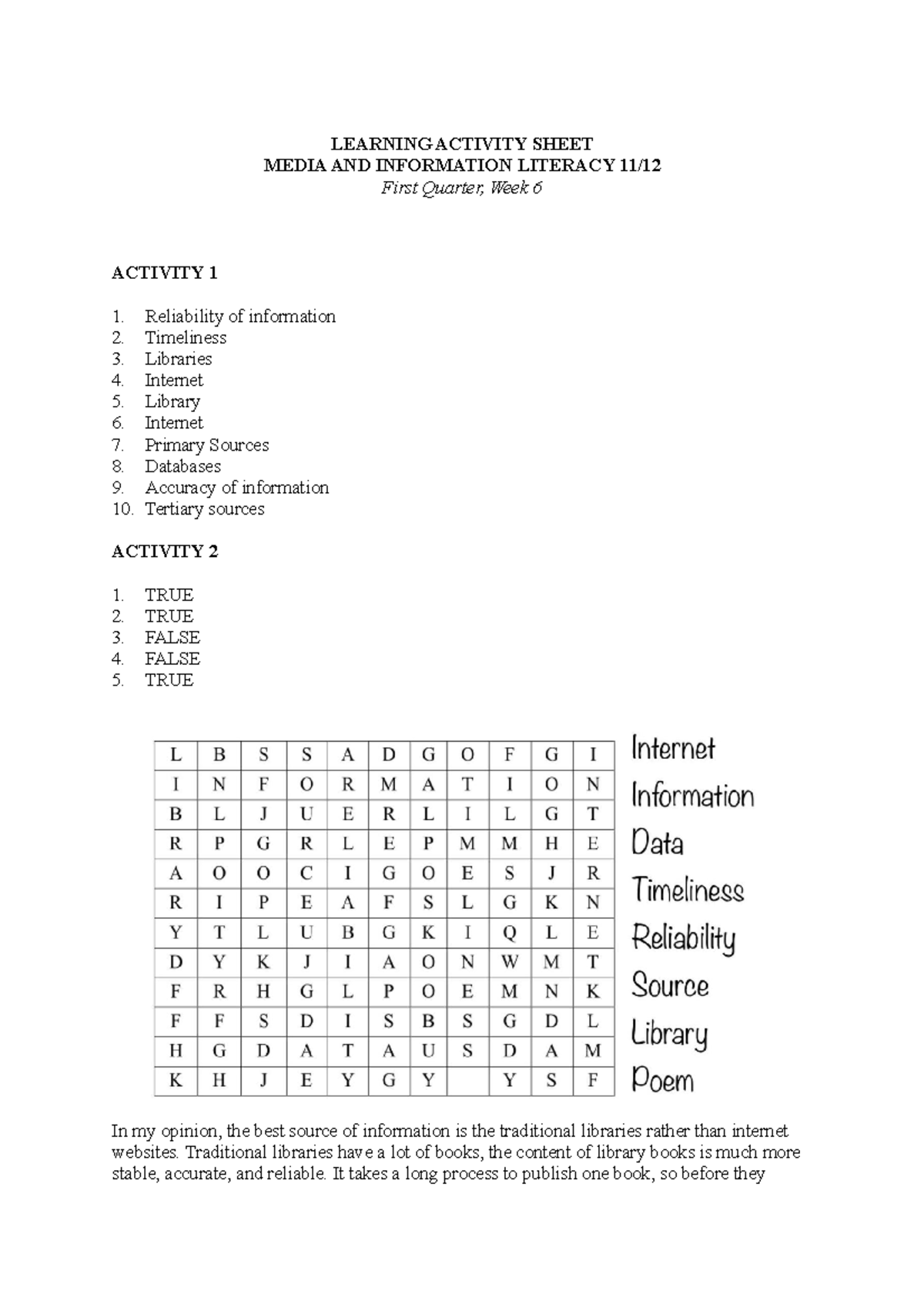 MIL WEEK 6 - answers - LEARNING ACTIVITY SHEET MEDIA AND INFORMATION ...