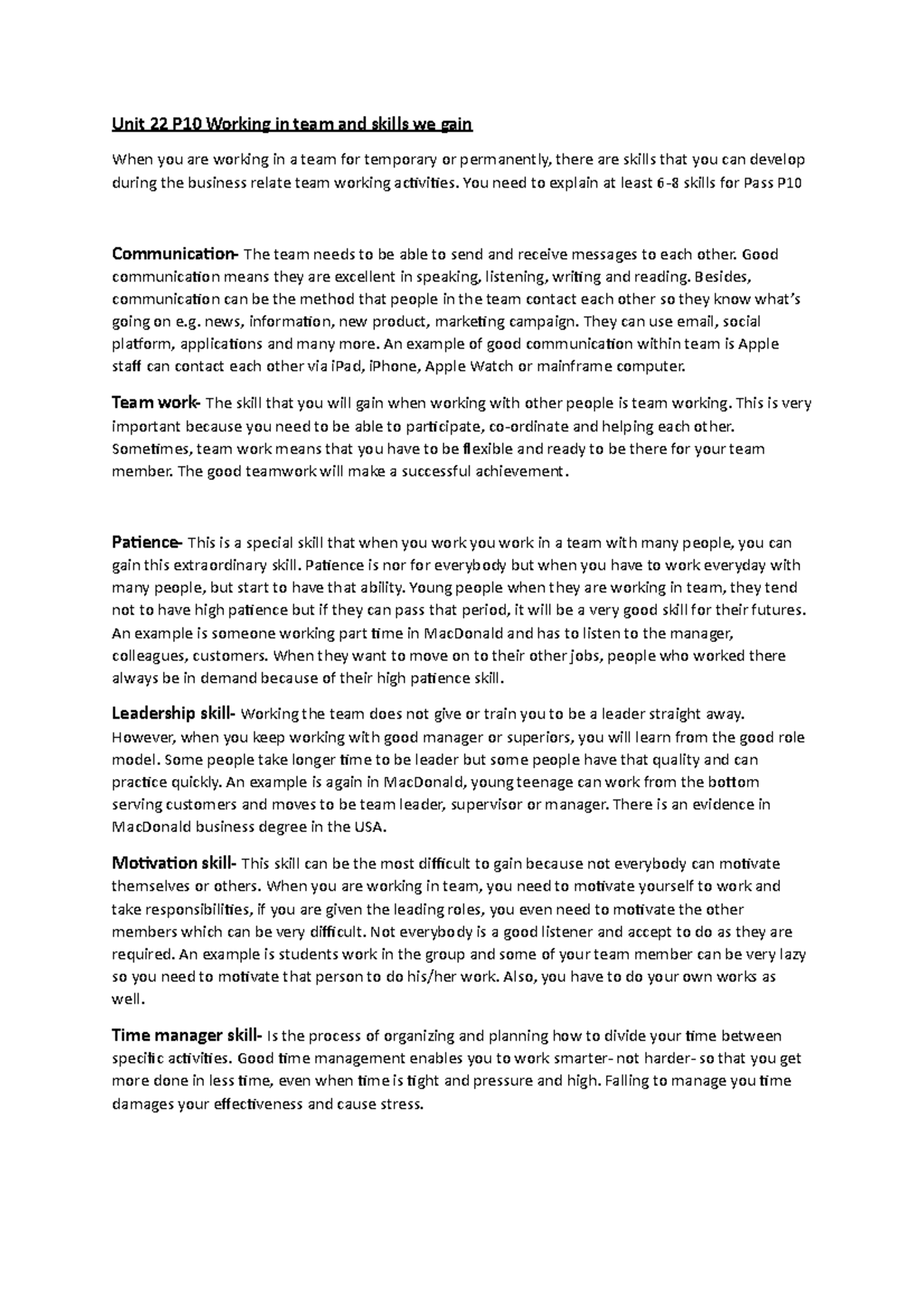 level 2 unit 22 - Unit 22 P10 Working in team and skills we gain When ...