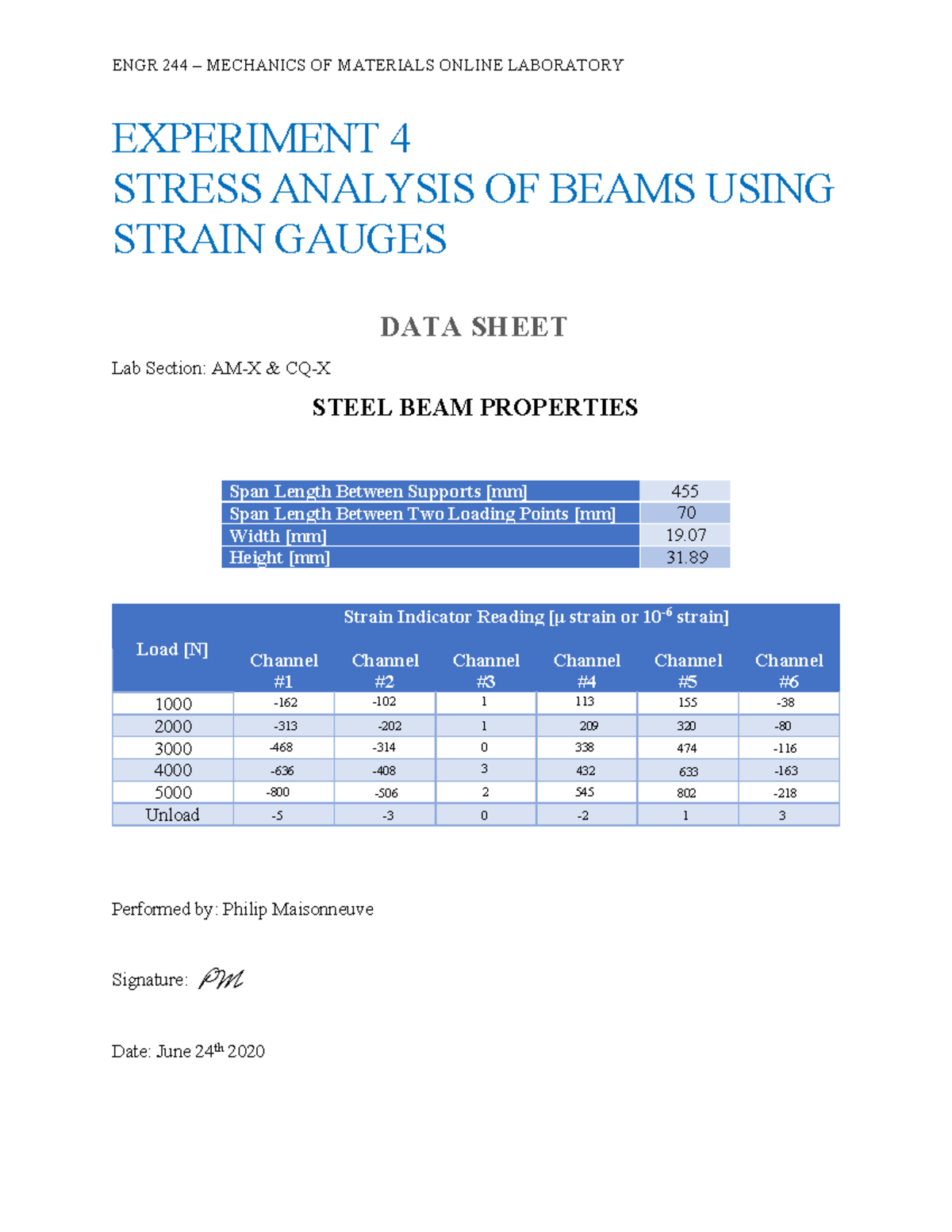 Experiment 4 Data Sheet (Lab AM-X,Lab CQ-X) - ENGR 244 – MECHANICS OF MATERIALS ONLINE ...