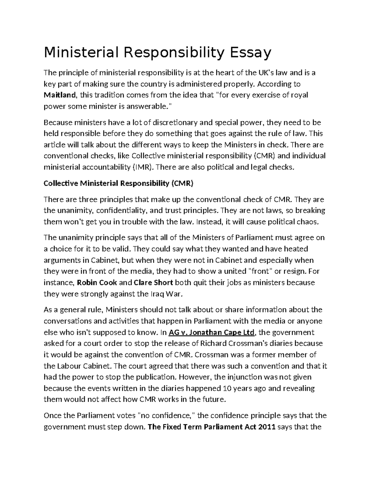 Ministerial Responsibility Essay - According to Maitland, this ...