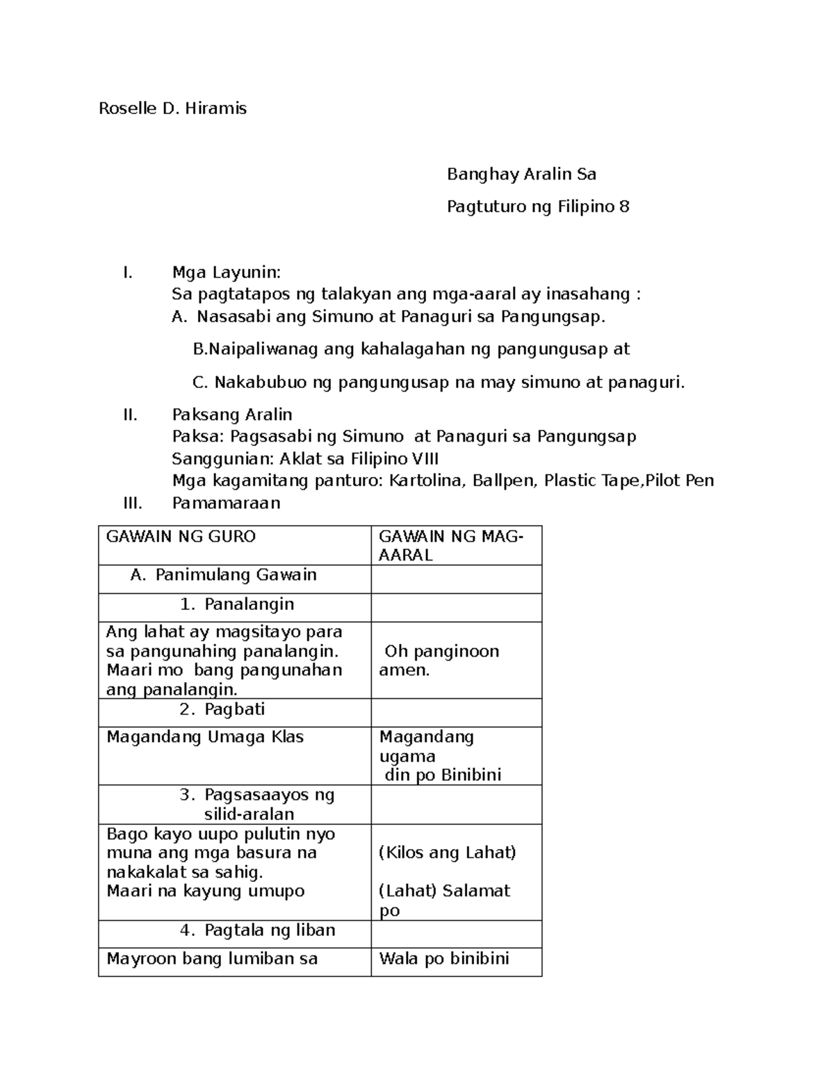 Detailed-Lesson-Plan - Roselle D. Hiramis Banghay Aralin Sa Pagtuturo ...