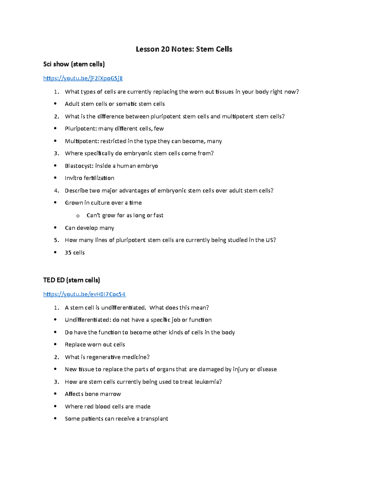 Lesson 20 notes fill in - none - Lesson 20 Notes: Stem Cells Sci show ...