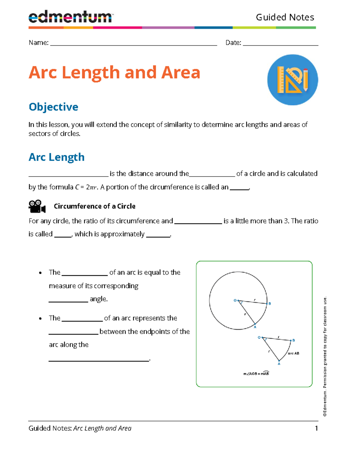 Guided Notes Arc Length and Area - ©Edmentum. Permission granted to ...