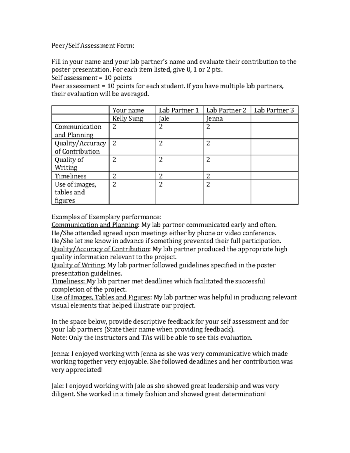 CHE133Peer Self Assessment (1) ** - Peer/Self Assessment Form: Fill in ...