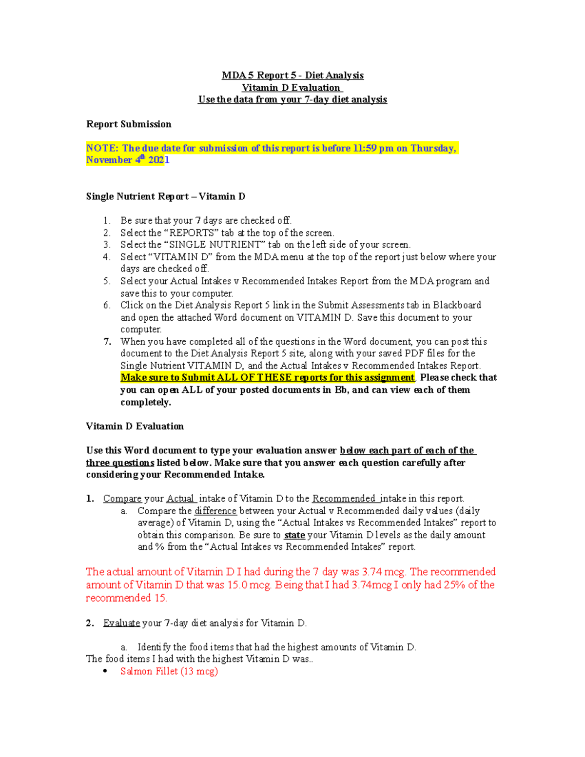 Diet Analysis Report 5 Vitamin D FA21 - MDA 5 Report 5 - Diet Analysis ...