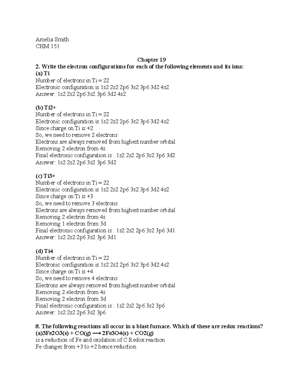 Chapter 19-20 Smith, Amelia - Amelia Smith CHM 151 Chapter 19 2. Write ...