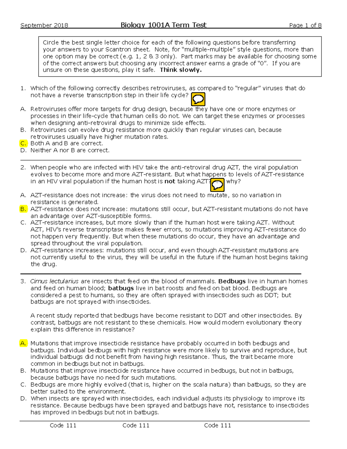 B1001ASept Term Test Feedback answers - Circle the best single letter ...