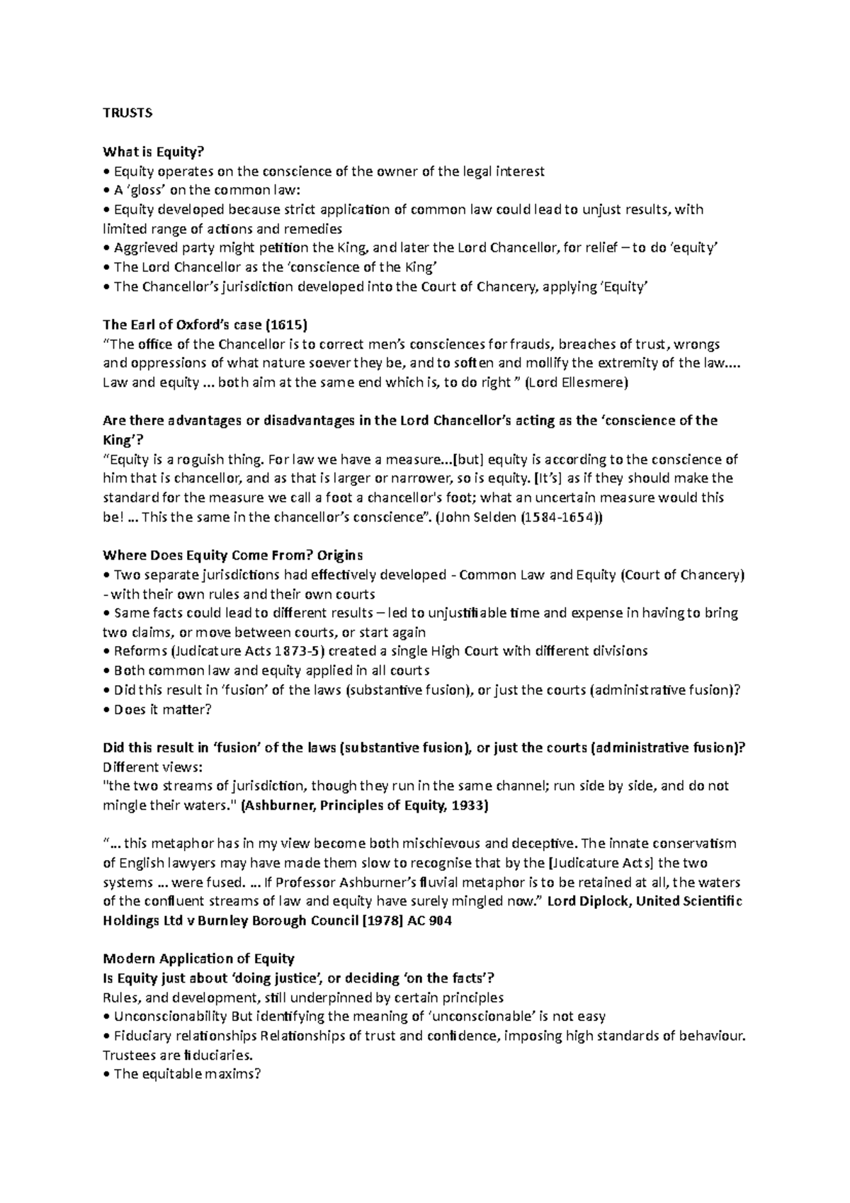 Trusts Law Lecture Materials 1-5 - TRUSTS What is Equity? Equity ...