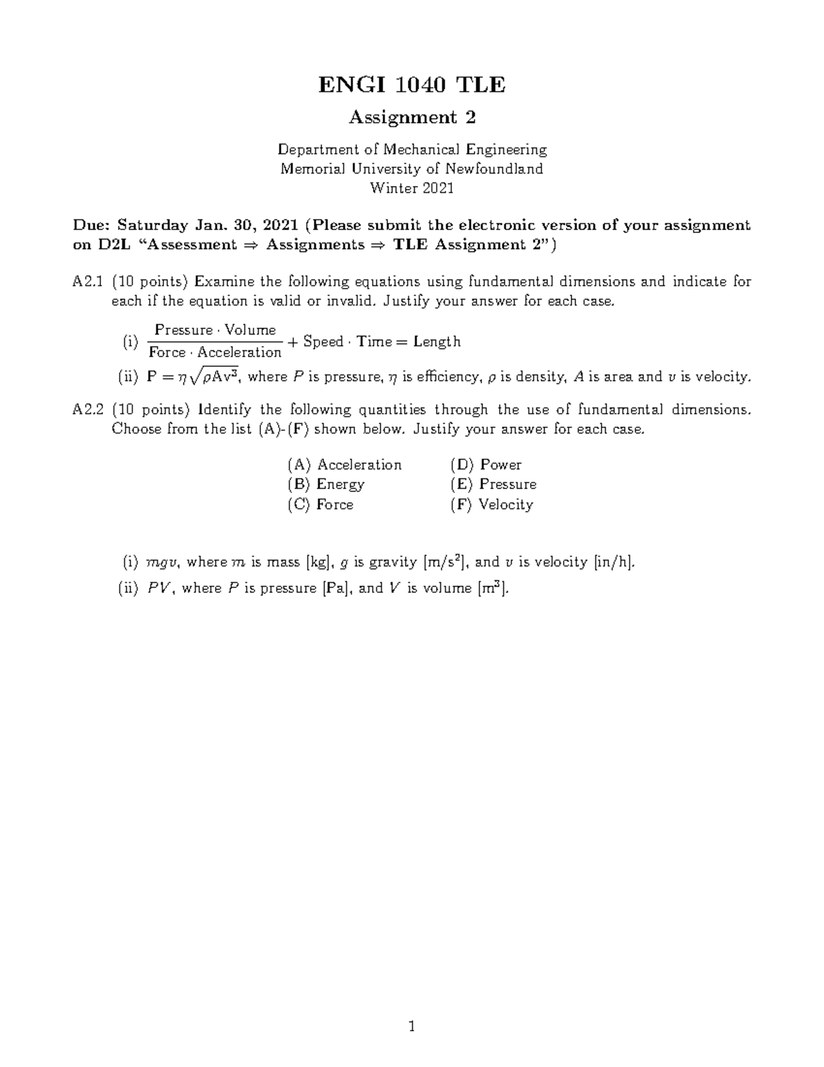 1040TLE-A2 - Dimensions Assignment - ENGI 1040 TLE Assignment 2 ...