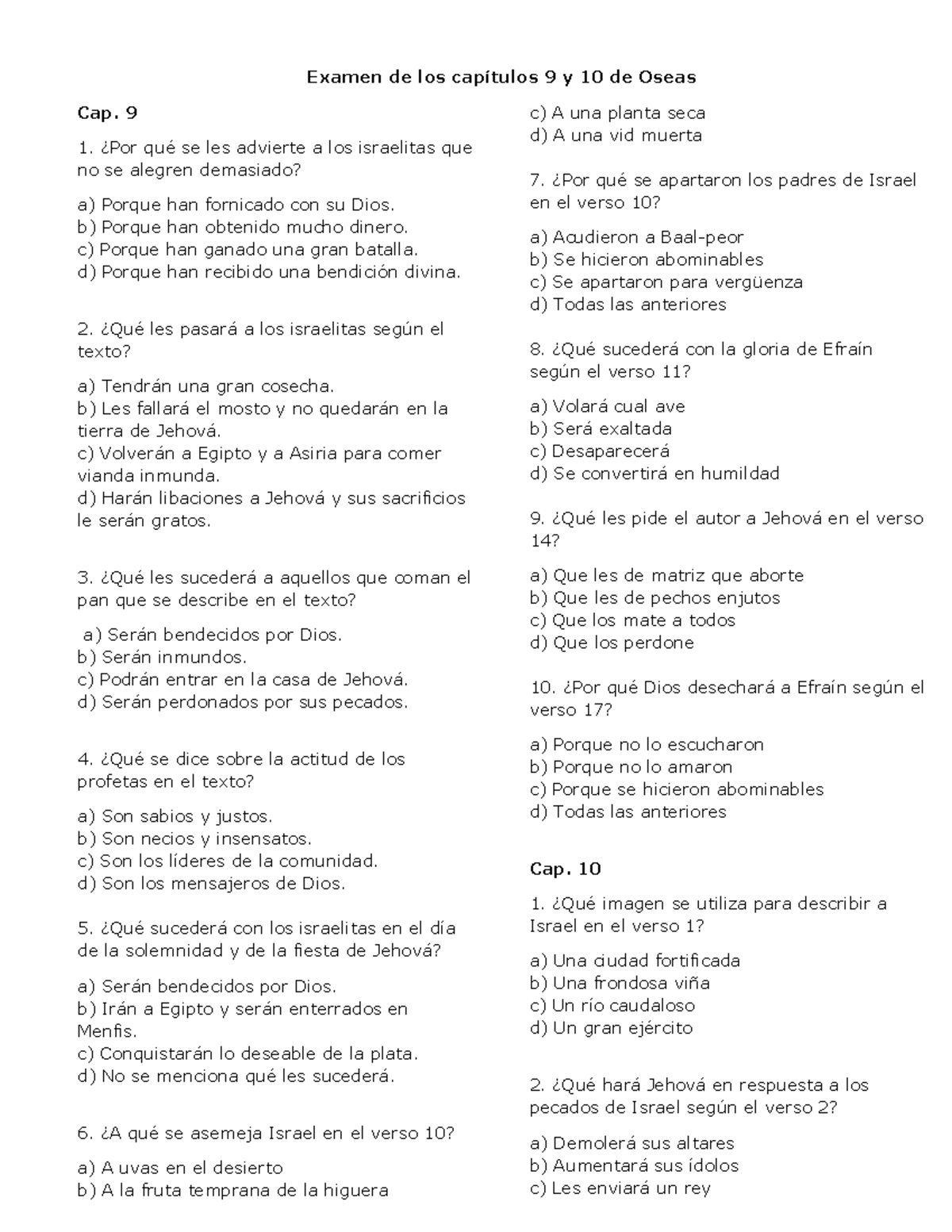 Examen de los capítulos 9 y 10 de Oseas - 9 ¿Por qué se les advierte a ...