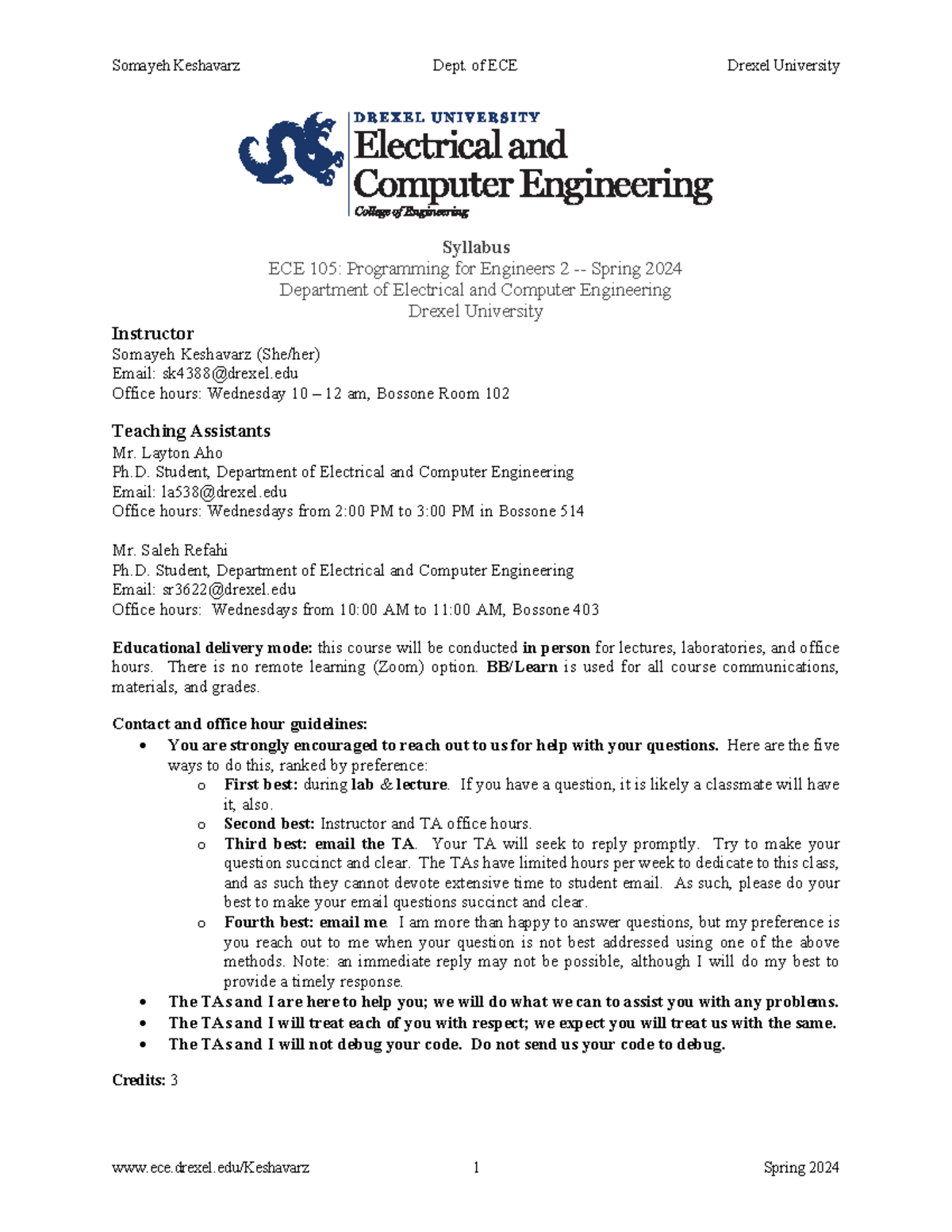 ECE105 Keshavarz Spring 2024 Syllabus v1 - Syllabus ECE 105 ...
