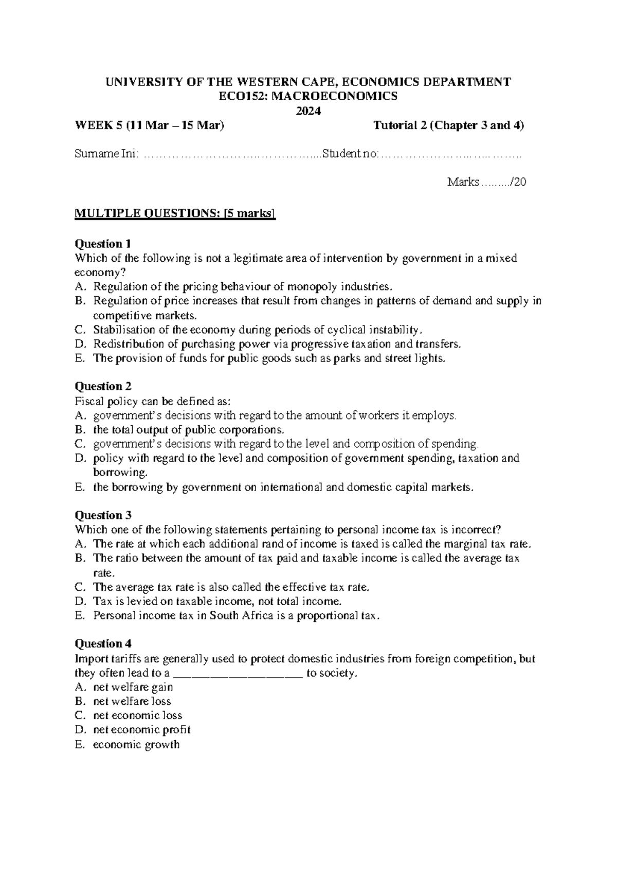 2024 ECO152 Tutorial 2 Student - UNIVERSITY OF THE WESTERN CAPE ...