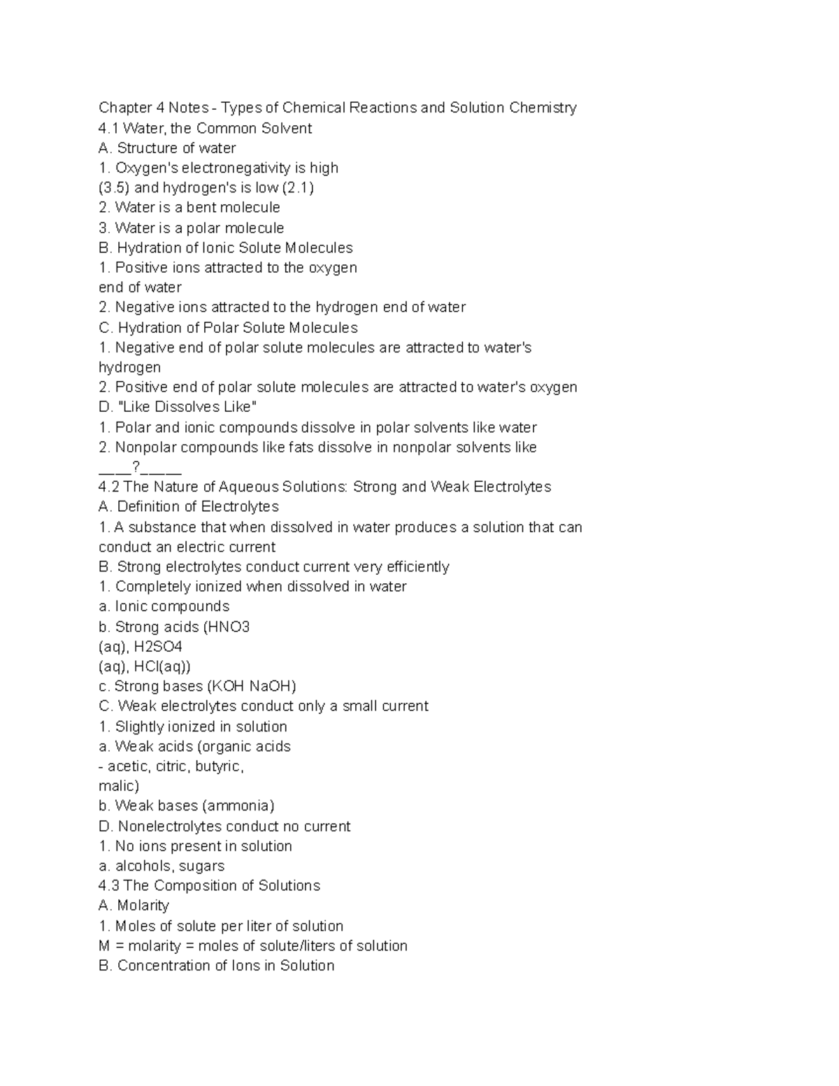 Chem 4 - notes - Chapter 4 Notes - Types of Chemical Reactions and ...