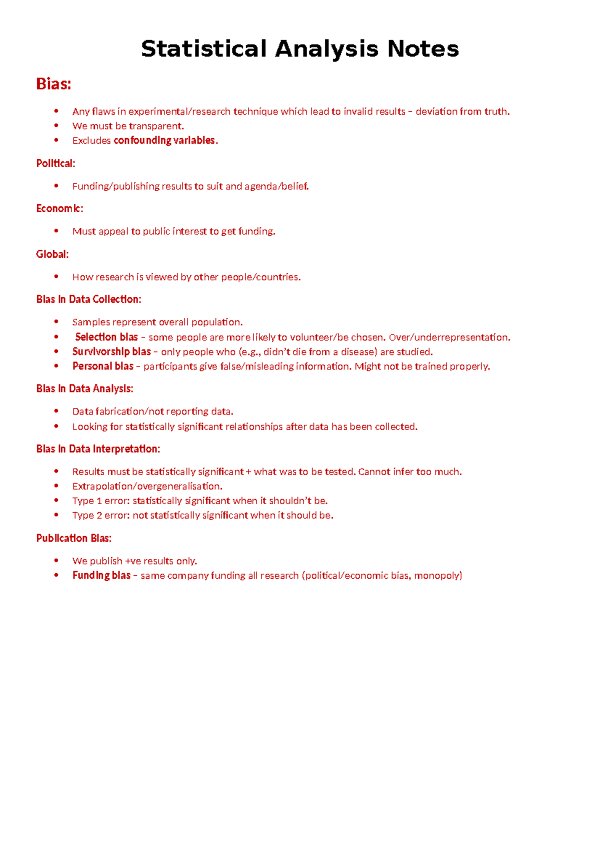 Statistical Analysis Notes - Statistical Analysis Notes Bias: Any flaws ...