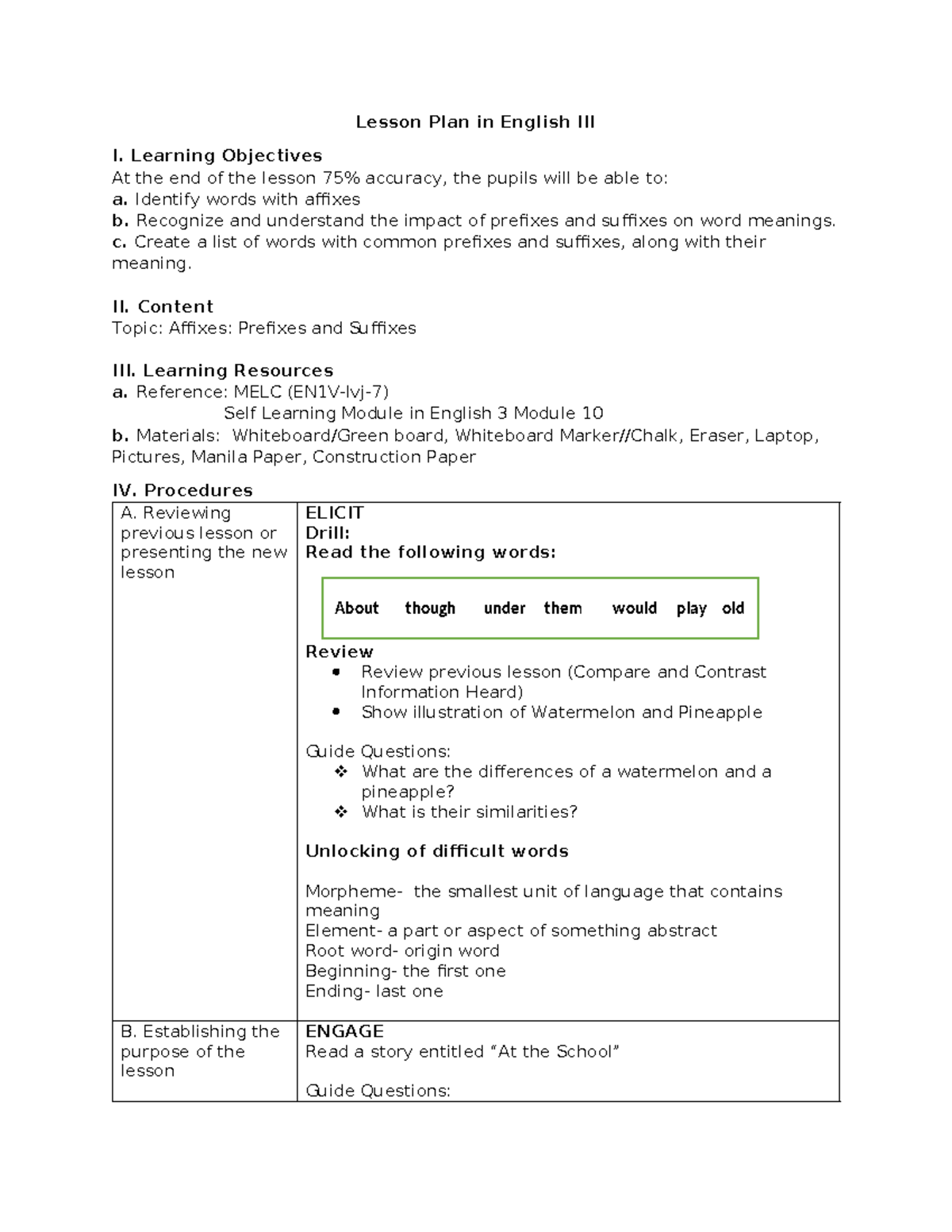 Lesson Plan in English Grade 3 ...