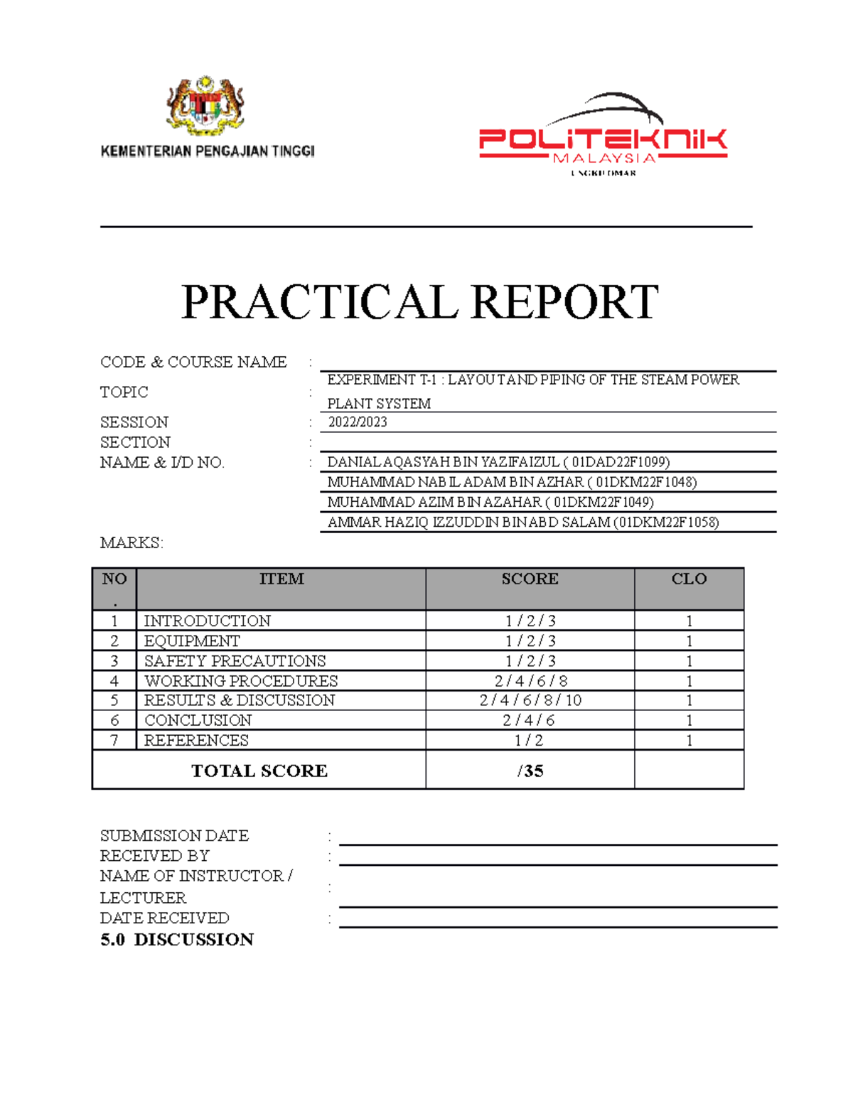 Thermo report - bolrh - PRACTICAL REPORT CODE & COURSE NAME : TOPIC : EXPERIMENT T-1 : LAYOUT ...