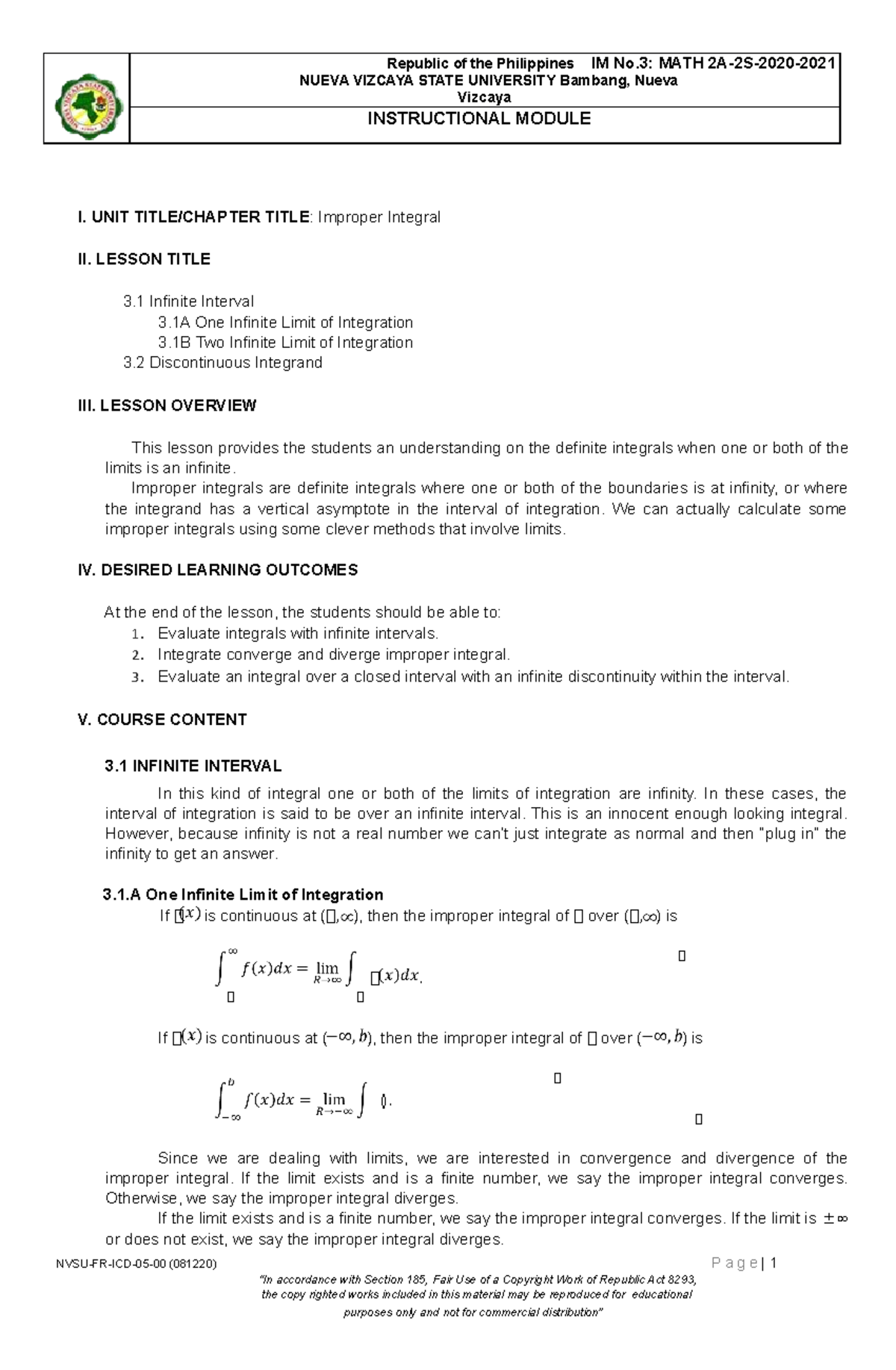 Integral Calculus Im3 31 Infinite Interval 31a One Infinite Limit Of Integration 31b Two