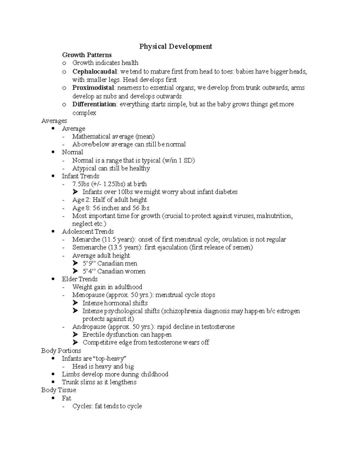 Physical Development Lecture Notes Physical Development Growth Patterns O Growth Indicates