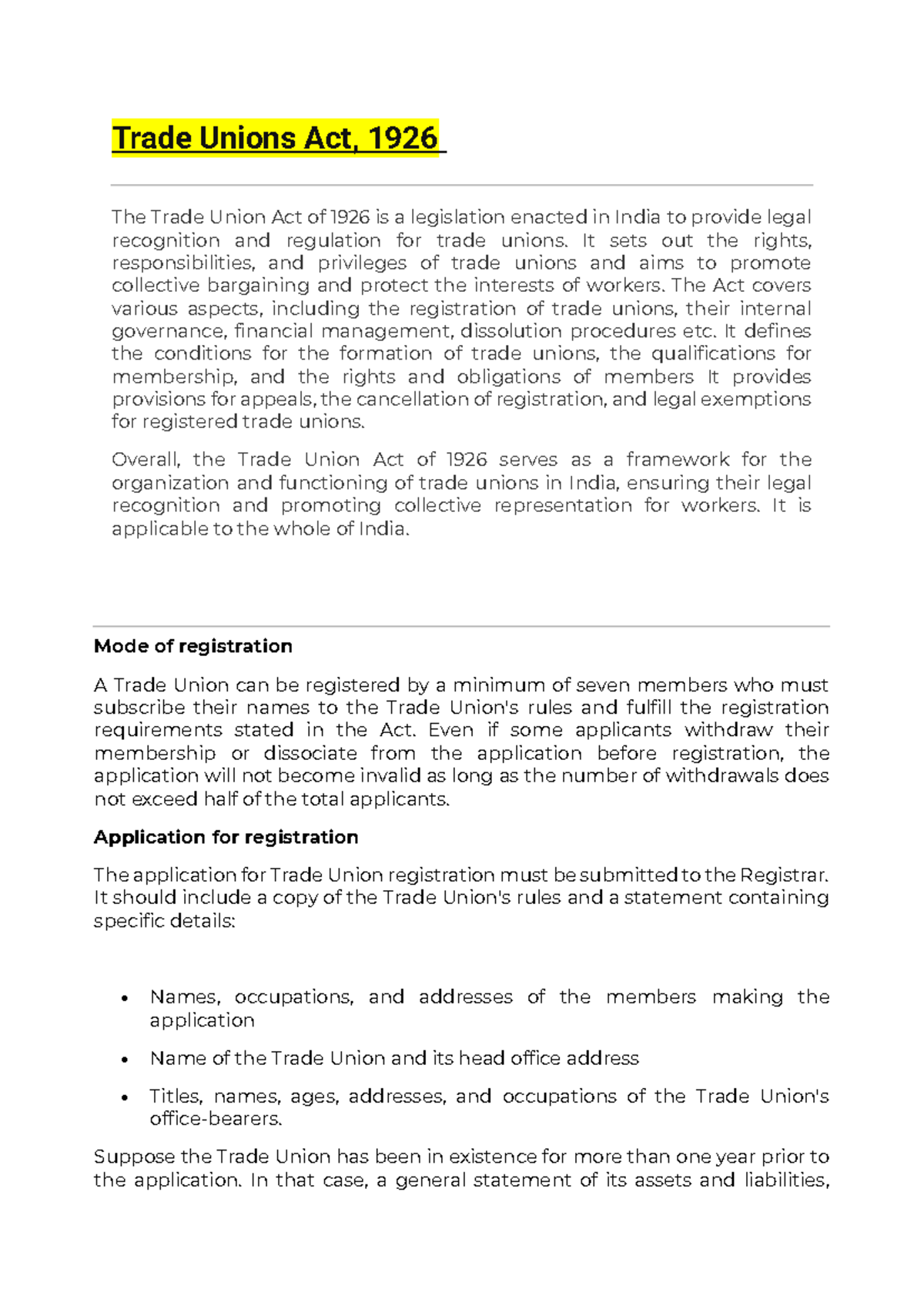 Trade Unions Act, 1926 - Trade Unions Act, 1926 The Trade Union Act of ...