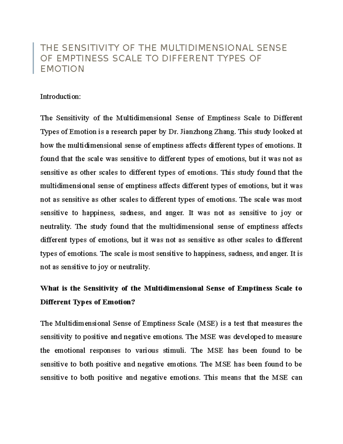 The Sensitivity of the Multidimensional Sense of Emptiness Scale to ...