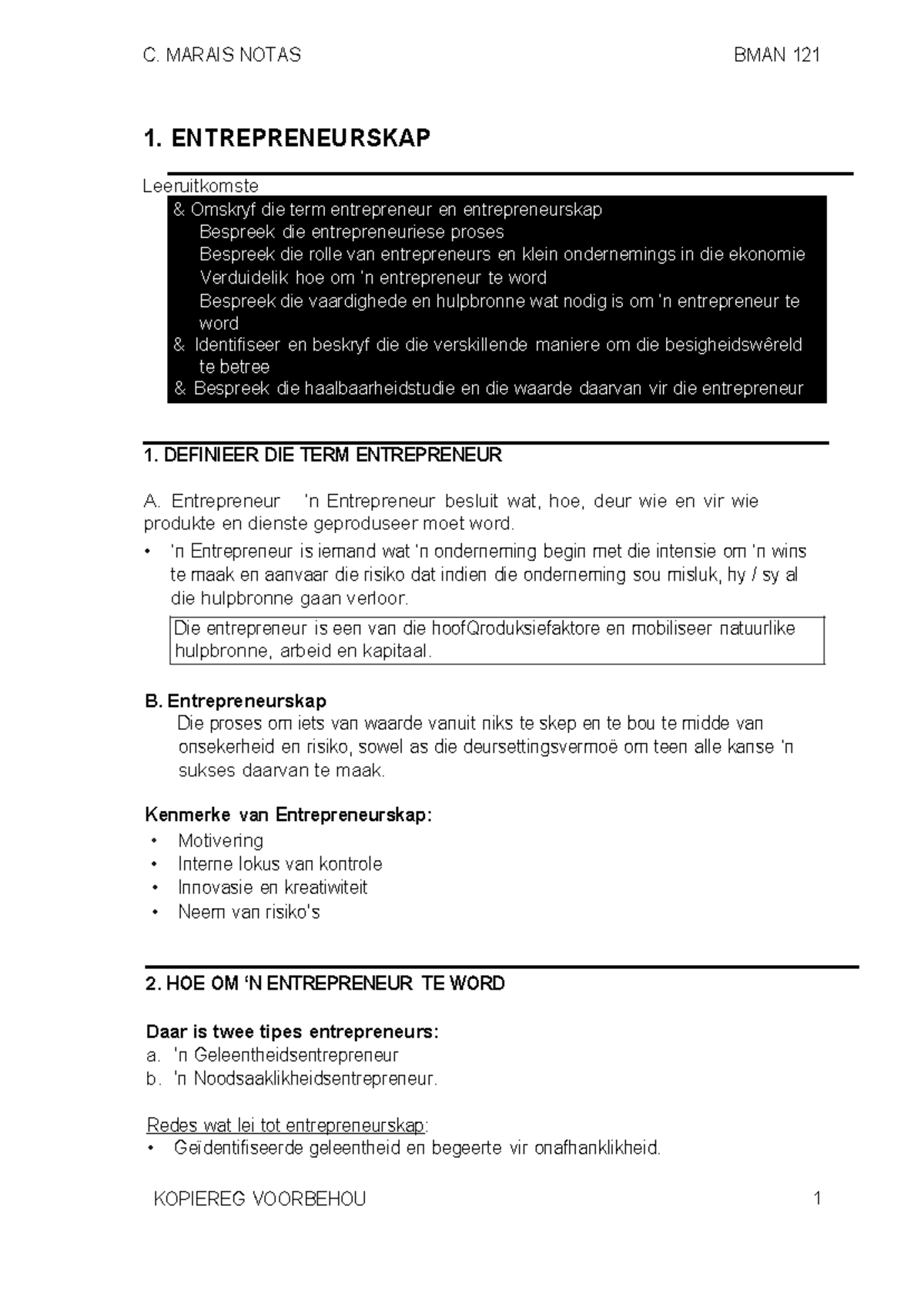 HF1 P1 merged - Chapter 1 - C. MARAIS NOTAS BMAN 121 1 Die entrepreneur ...