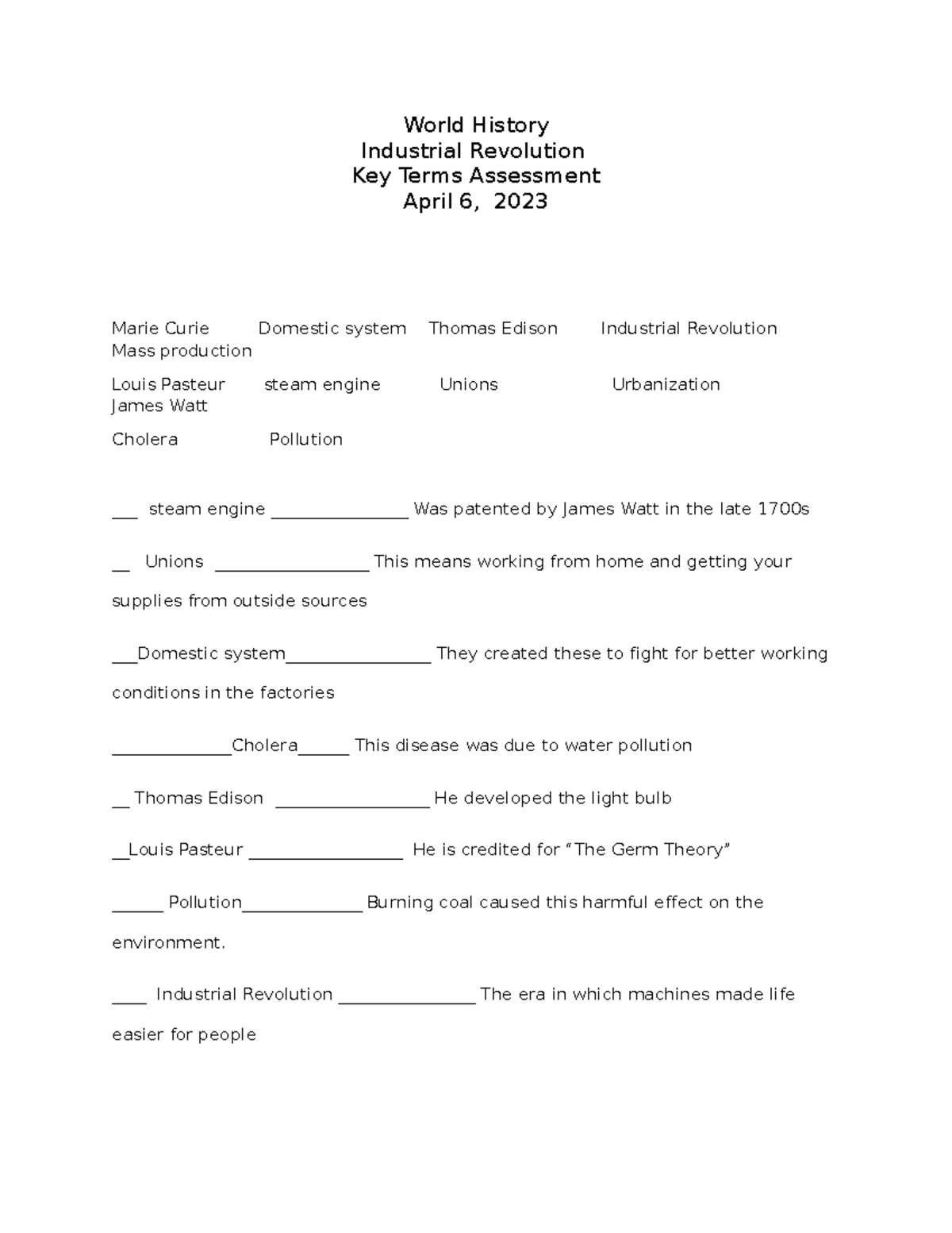 Copy of Kenneth Jones - World History Industrial Revolution Quiz 23 ...