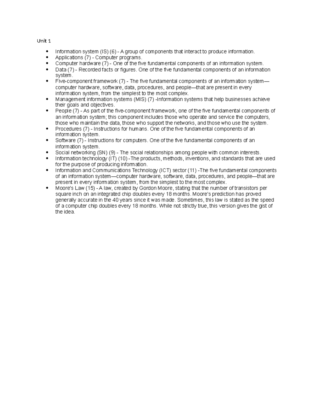 CMIS 351 Midterm Key Terms - Unit 1 Information system (IS) (6) - A ...