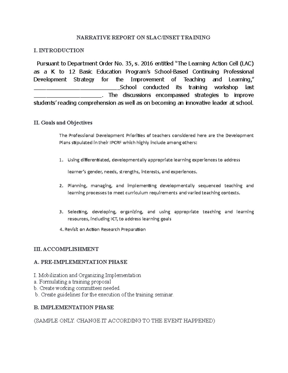 Narrative- Report Insetslac - NARRATIVE REPORT ON SLAC/INSET TRAINING I ...