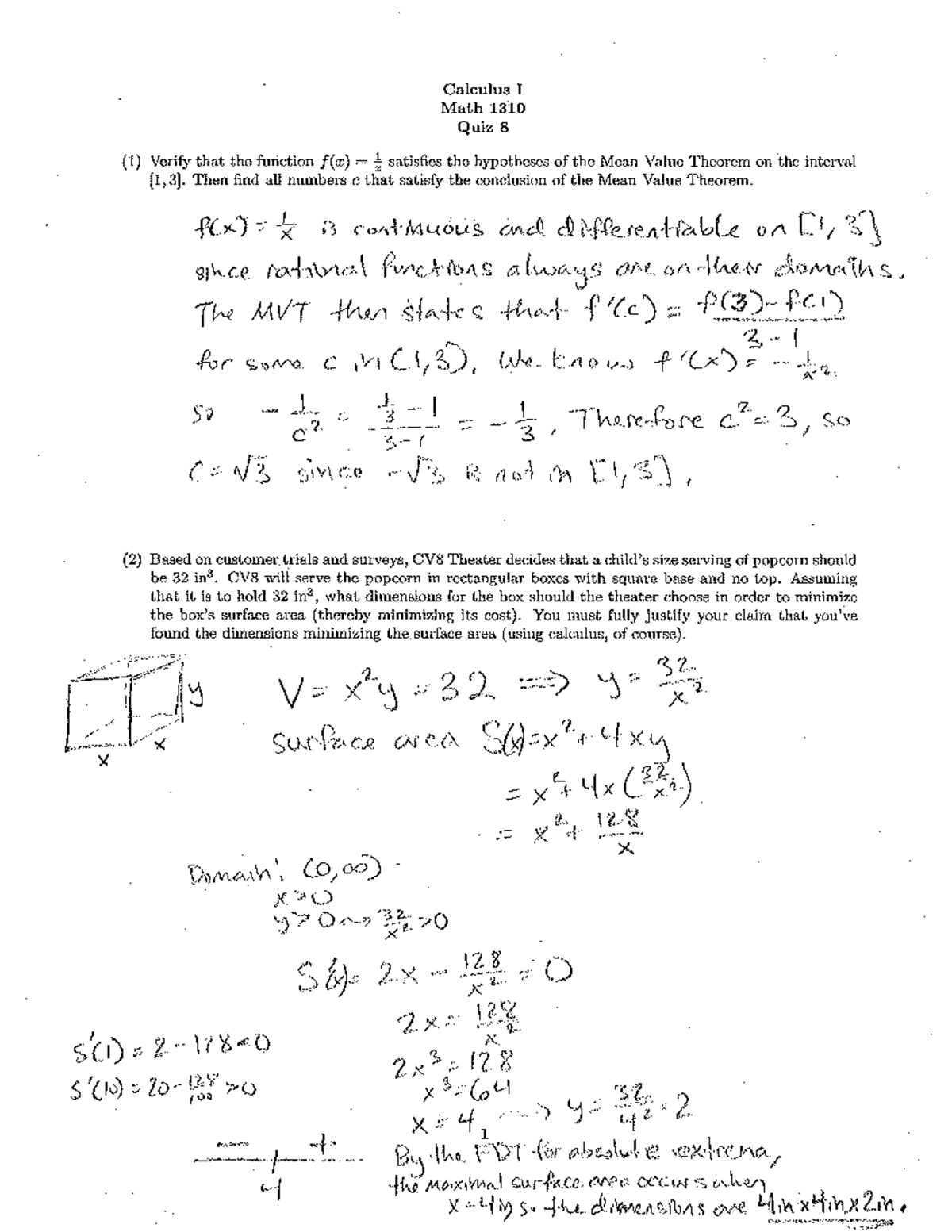 Quiz 8 - MVT, optimization - Calculus I NIath 1310 Quiz 8 (1) Verify ...